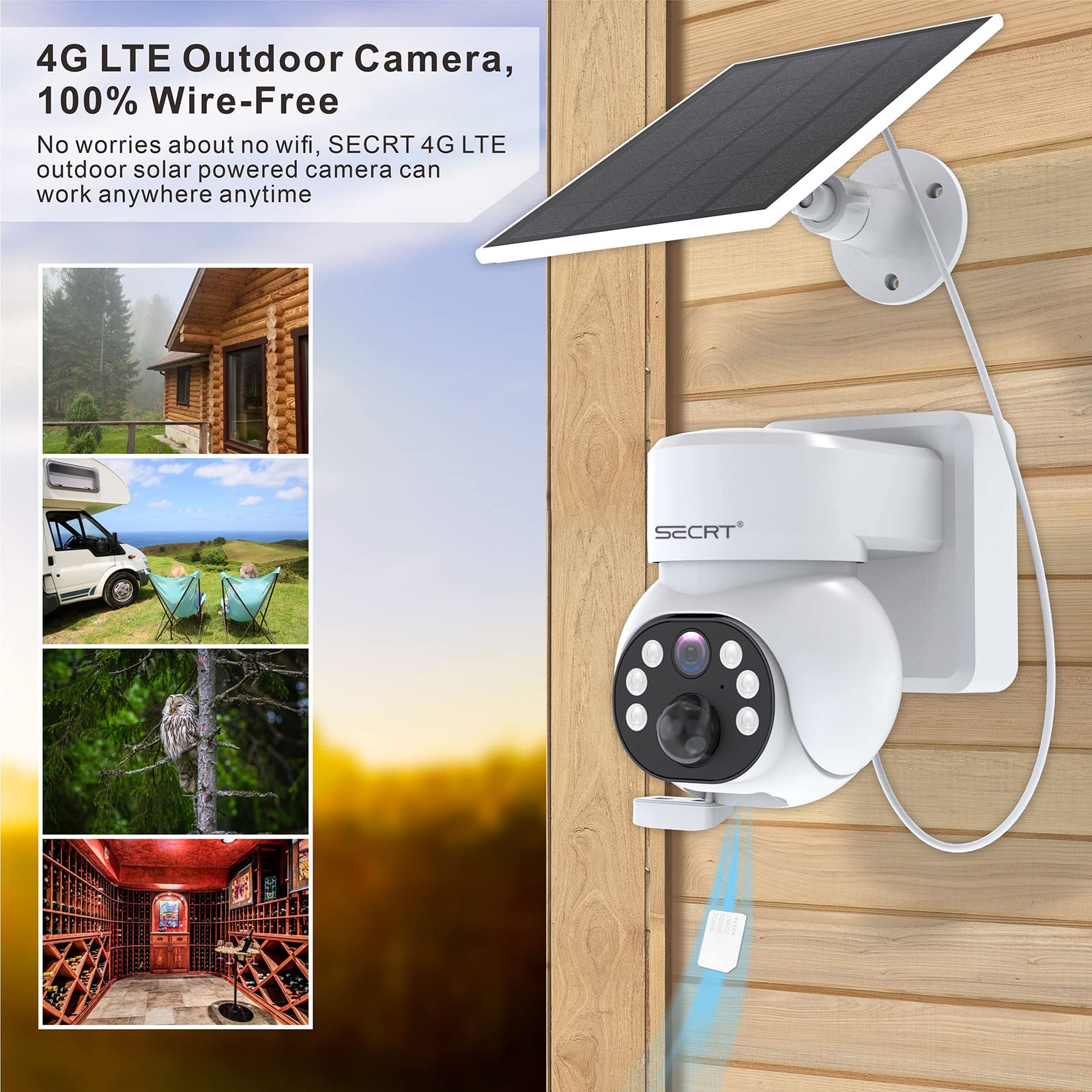 SECRT 3G/4G LTE Outdoor Cameras Wireless, Solar Powered Home Security Cameras with SIM Card, No WiFi, 4MP Night Vision, Pan Tilt 355°View Spotlight, PIR Motion Sensor, 2 Way Talk