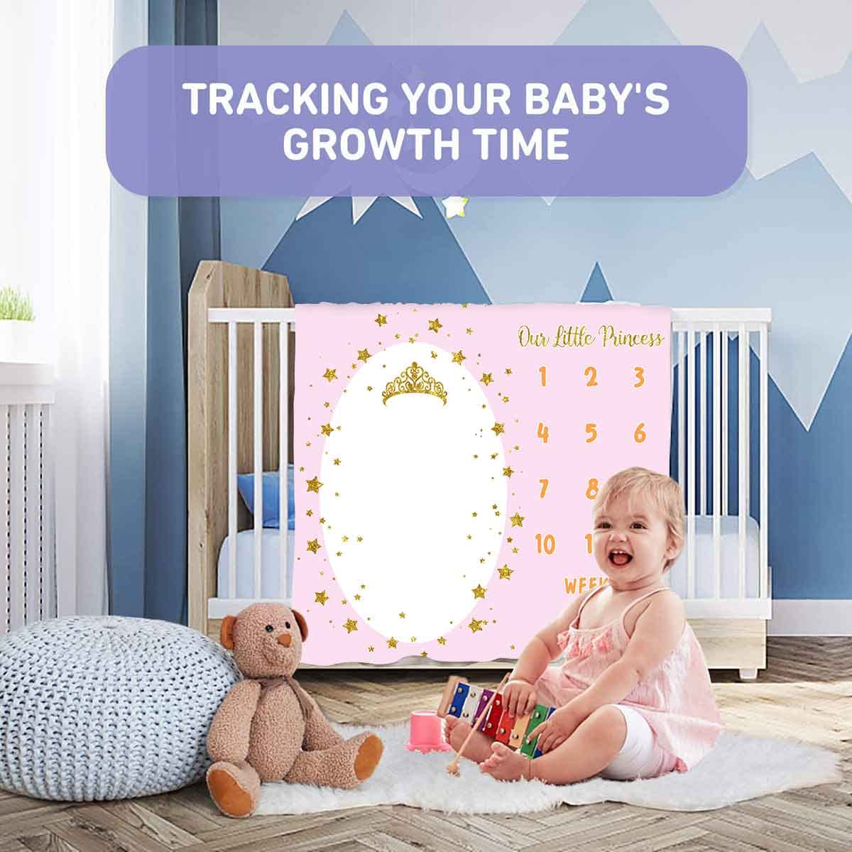PHMOJEN Monthly Milestone Blanket for Baby Girl, 48"x40" Soft Flannel Pink Princess Memory Growth Blanket, Photography Backdrop Prop for Newborn Baby Shower, 1 to 12 Months Include Marks BTLSPH819