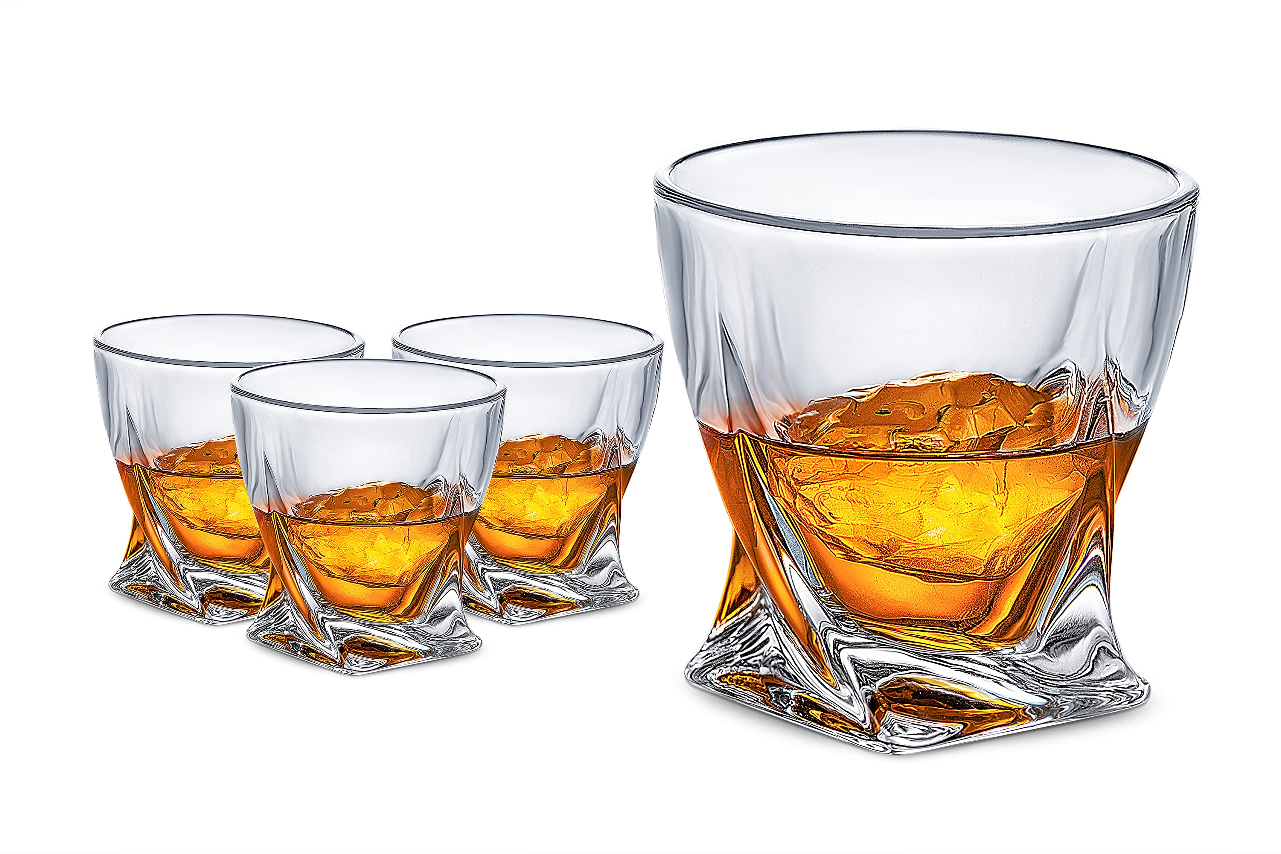 LUXU Whiskey Glasses(Set of 4)-10 oz Twisted Scotch Glasses,Premium Old Fashioned Glasses,Clear Crystal Bourbon Rock Glasses,Large Bar Glasses,Unique Glassware Tumblers for Cocktails