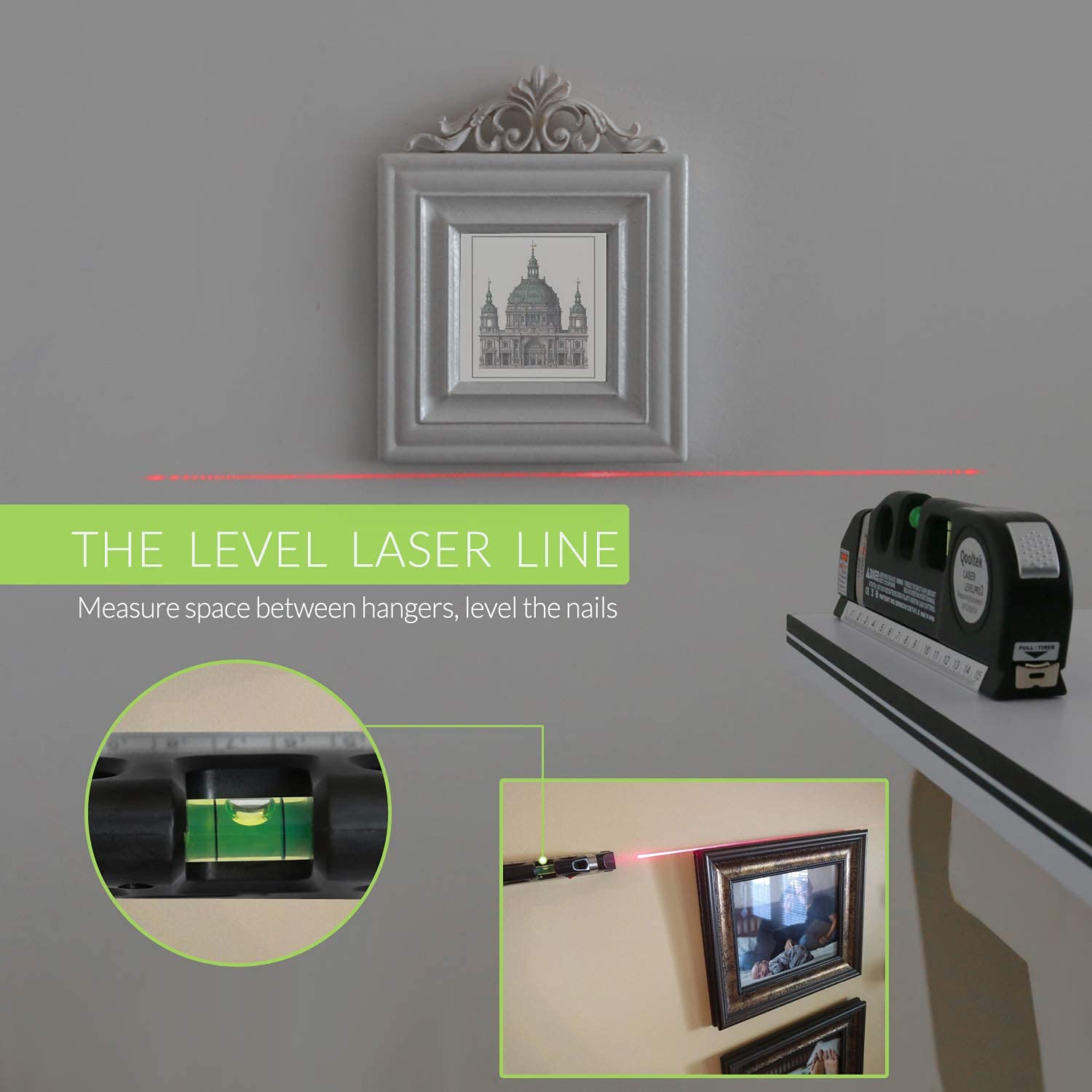 Qooltek Multipurpose Laser Level 8 feet Measure Tape Ruler Adjusted Standard and Metric Rulers for hanging pictures with Metal Tripod Stand