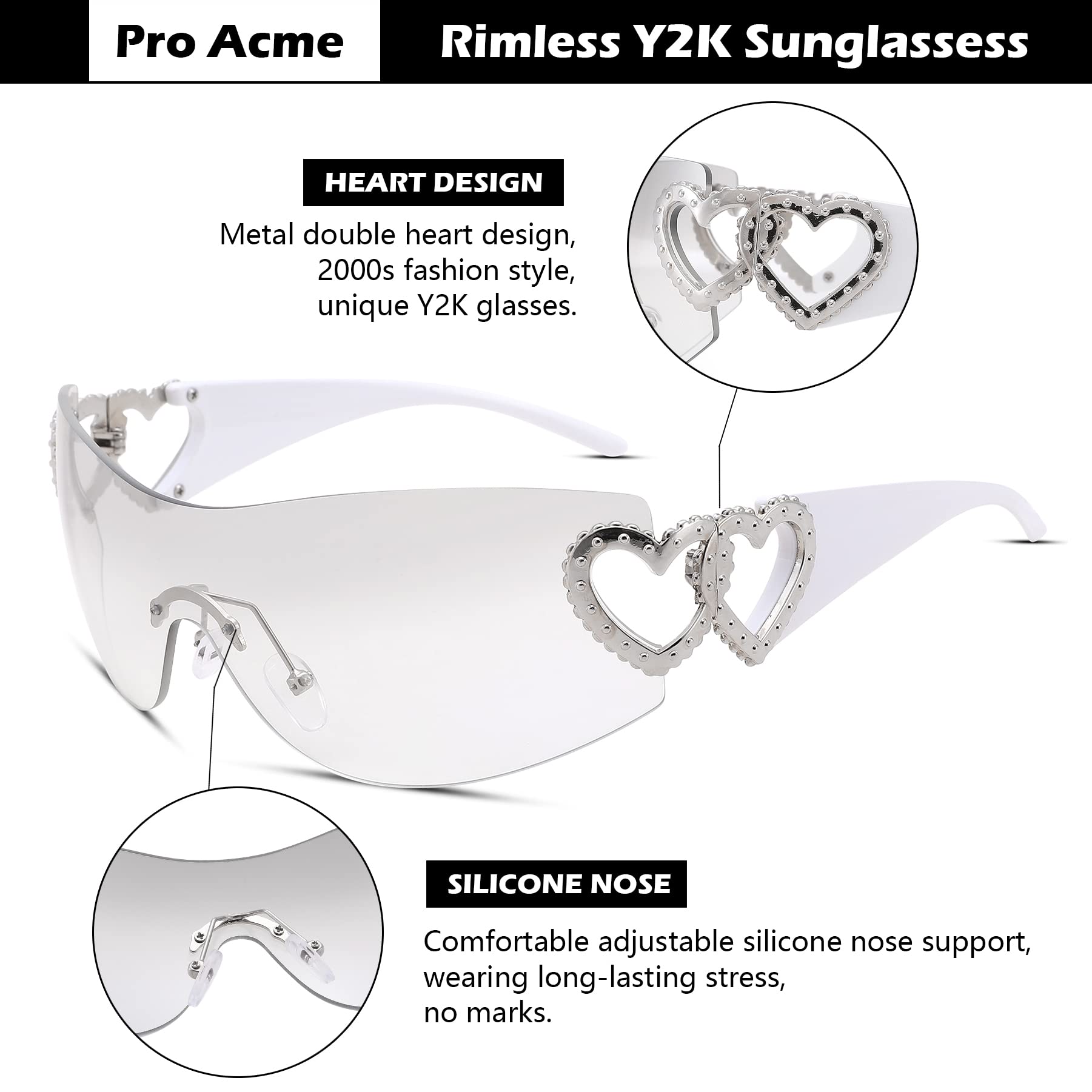 Pro Acme Wrap Around Rimless Sunglasses for Women Men Oversized Fashion Futuristic Sun Glasses Flat Top Shield 2000S Trendy (White Frame|Silver Lens)