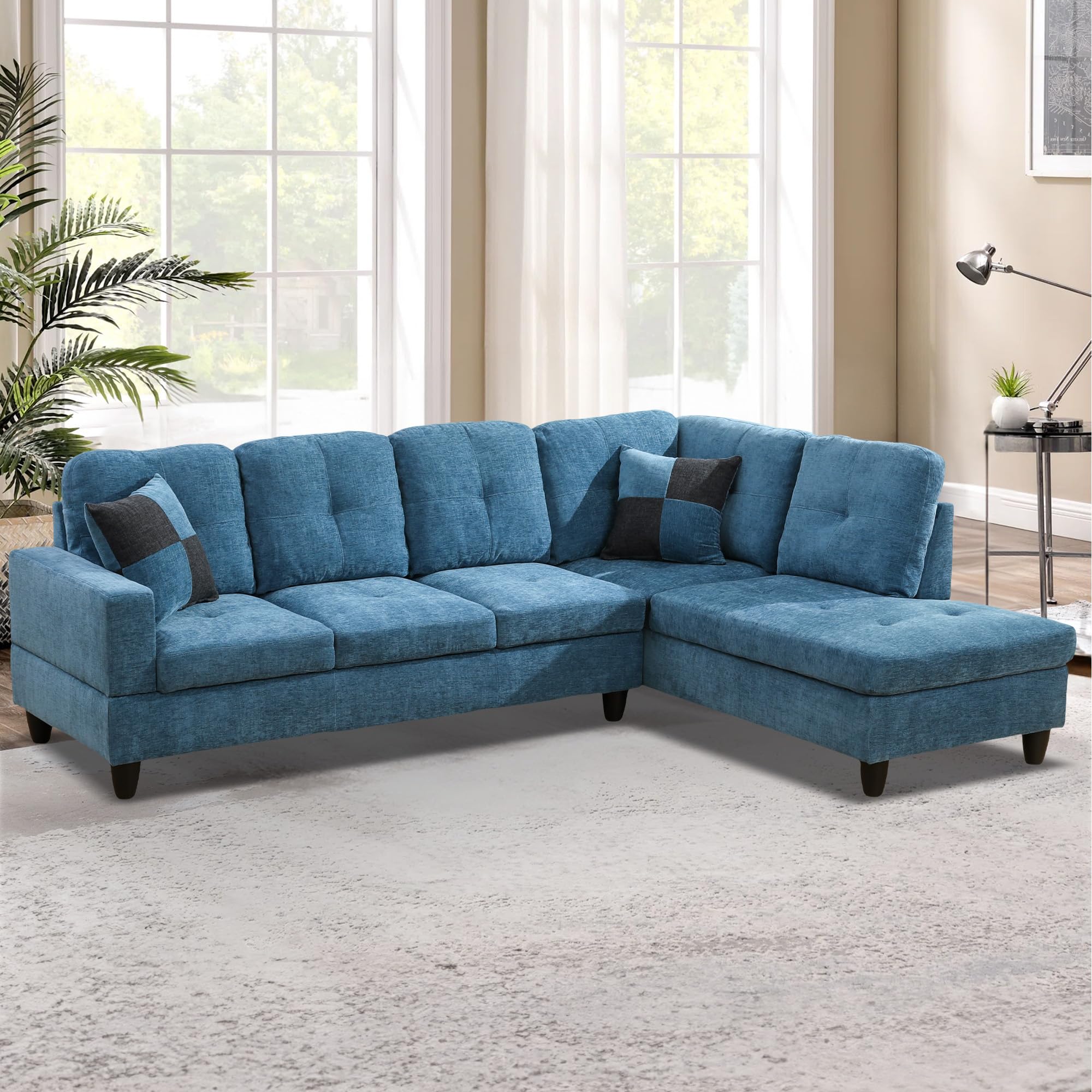 SumKea L-Shaped Sectional Sofa Set, Linnen 5-seat Couches with Pillows, Right Facing Chaise for Living Room, Apartment, Office, Blue