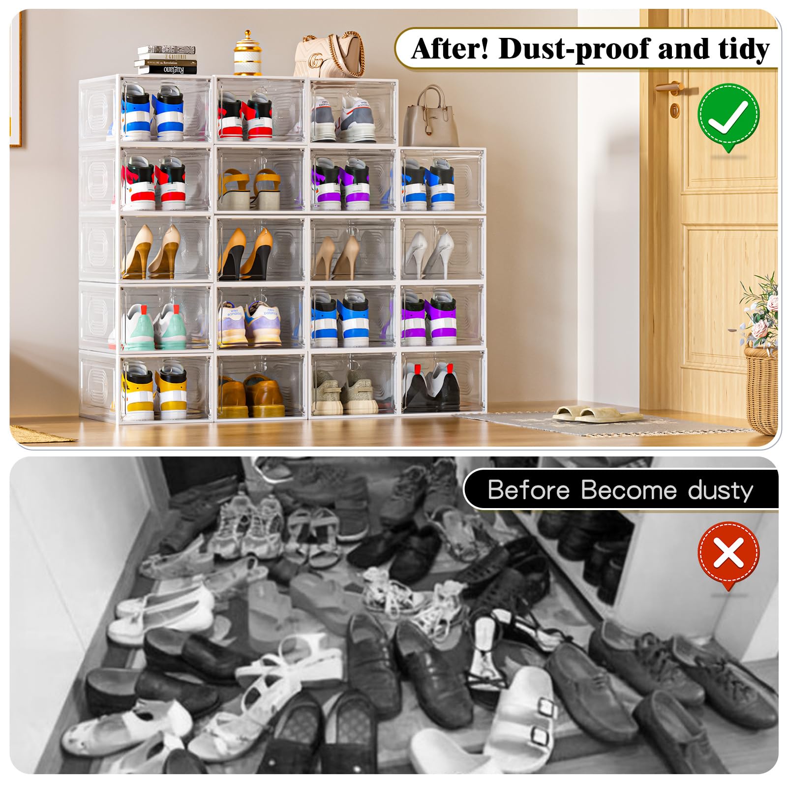 YFXCVSL 8 Pack Thicken Shoe Organizer - Upgrade Sturdy Shoe Boxes Stackable Shoe Storage Containers with Magnetic Door, Thicken Sneaker Storage Fit up to US Size 12,White