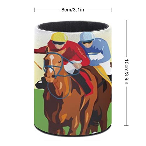 Horse Racing Cartoons Pen Holder PU Leather Pencil Cup Cute Desk Organizer Makeup Brush Box for Home Office