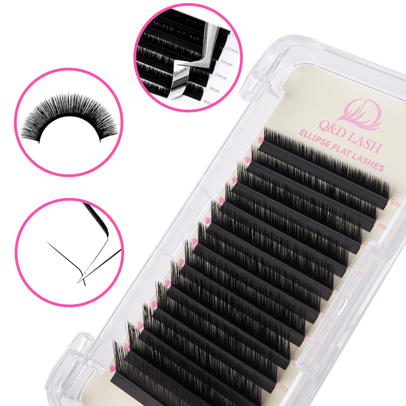 Q&D lash Flat Lashes Eyelash Extensions Ellipse Mixed Tray C/CC/D/DD/L/M Curl 8-25mm Soft and Light Individual Lash Extension(L-0.1,MIX8-15mm)
