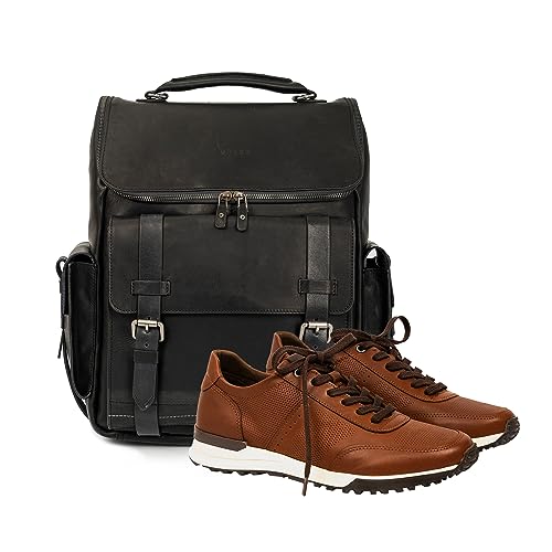 VELEZ 12 Brown Mens Business Casual Sneakers + Top Grain Leather Backpack for Men Black Designer Bookbag Business Casual Shoulder Bag