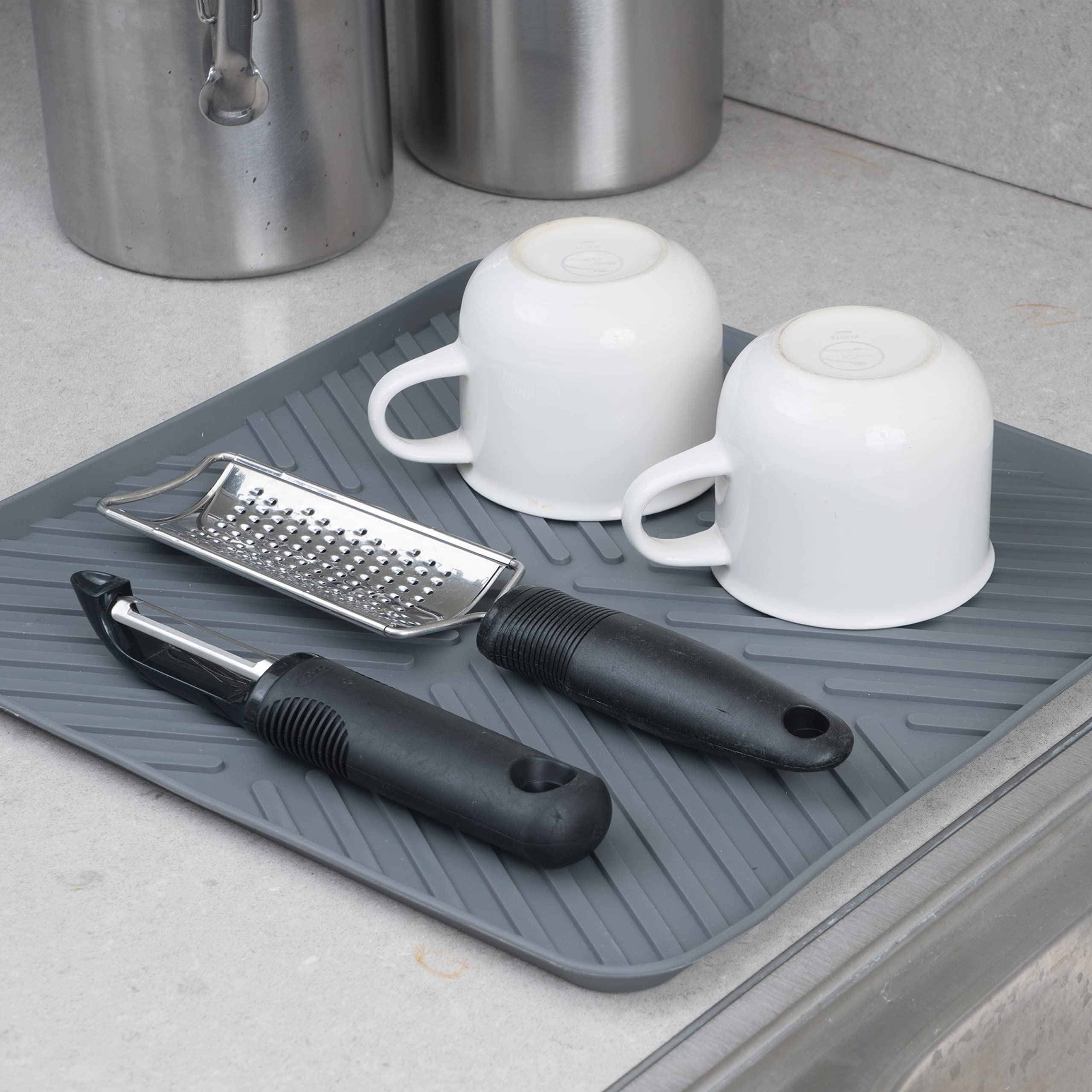 OGGI Flexible Square Drying Mat- Silicone Mat, Add Dish Drying Mat to Kitchen Accessories, Great as Drying Mats for Countertop or Hot Pot Holder, 12˝ x 12˝, Gray