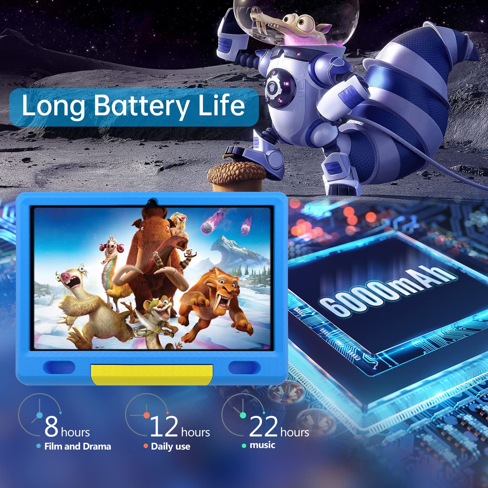 LVILLE Kids Tablet 10" Android 12 Tablet PC 10.1" Display, Quad Core Processor, 2GB+32GB, 6000mAh, Kidoz Pre Installed, Parental Control Tablet for Kids, Wi-Fi, Bluetooth, Kid-Proof Case (Blue)