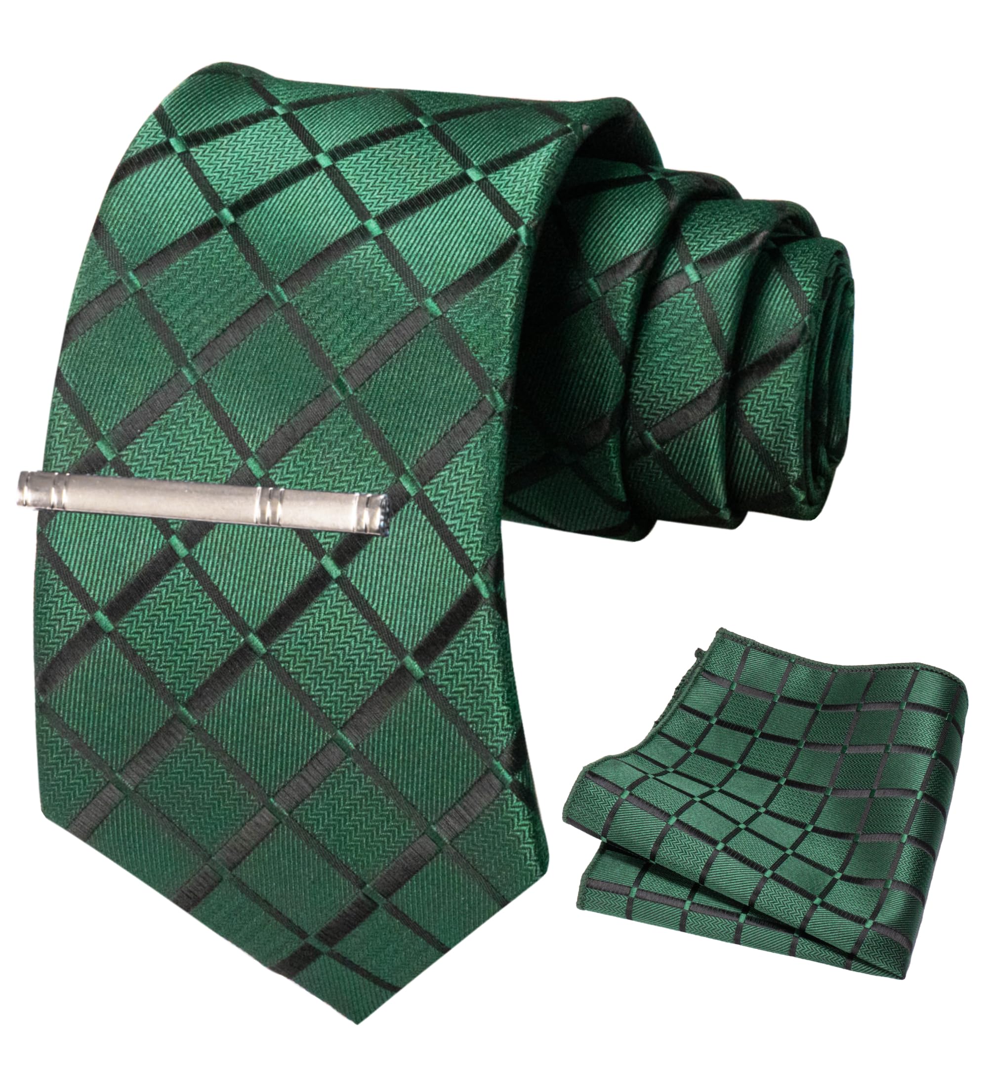 JEMYGINS Plaid Green Tie and Pocket Square Hankerchief Mens Silk Necktie with Tie Clip Sets(4)