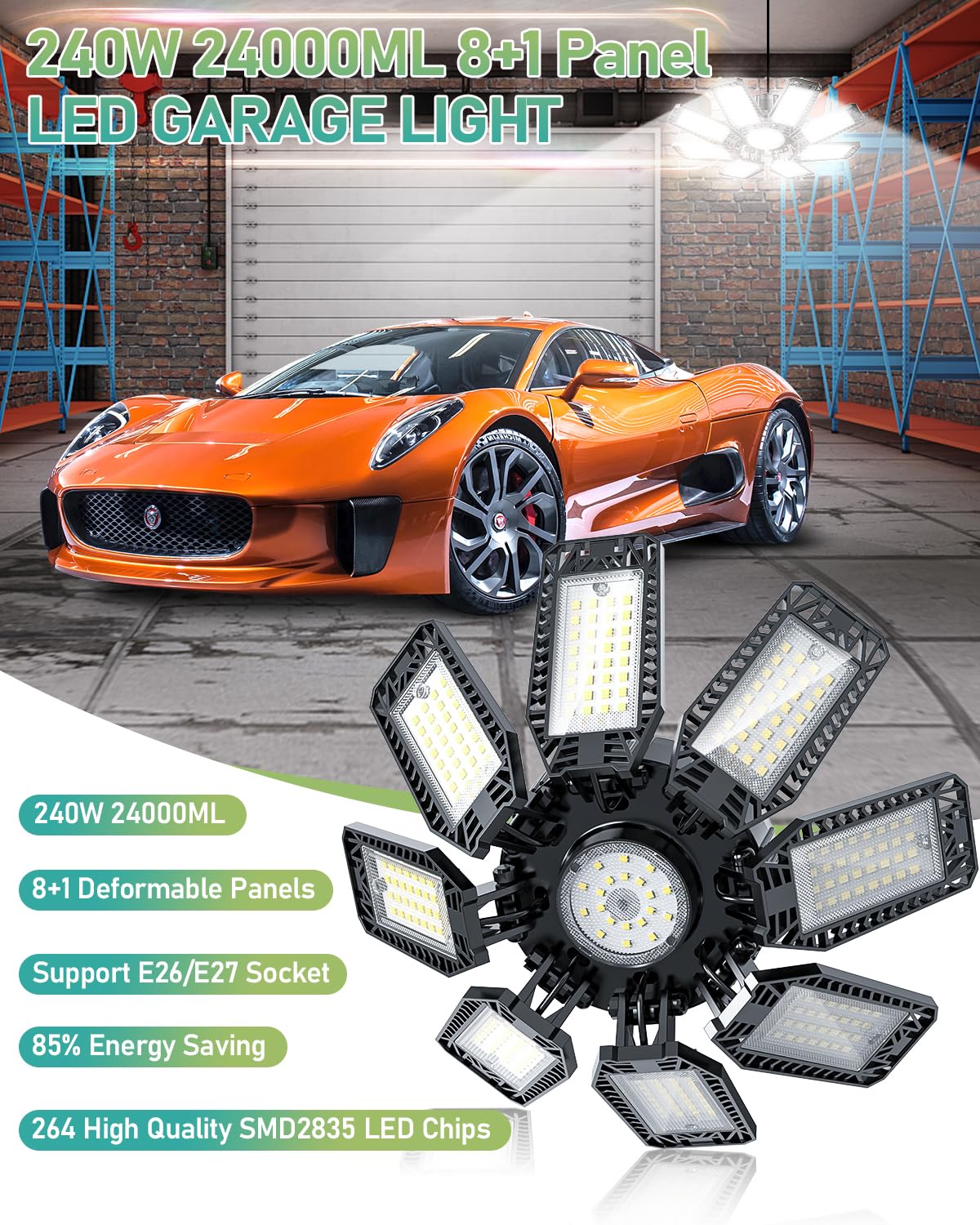 YIBEYYDS LED Garage Lights Garage Light - 240W 24000LM Garage Lights Ceiling LED,6500K LED Garage Ceiling Lights with 8+1 Deformable Panels Support E26/E27 for Garage, Workshop, Basement (2)