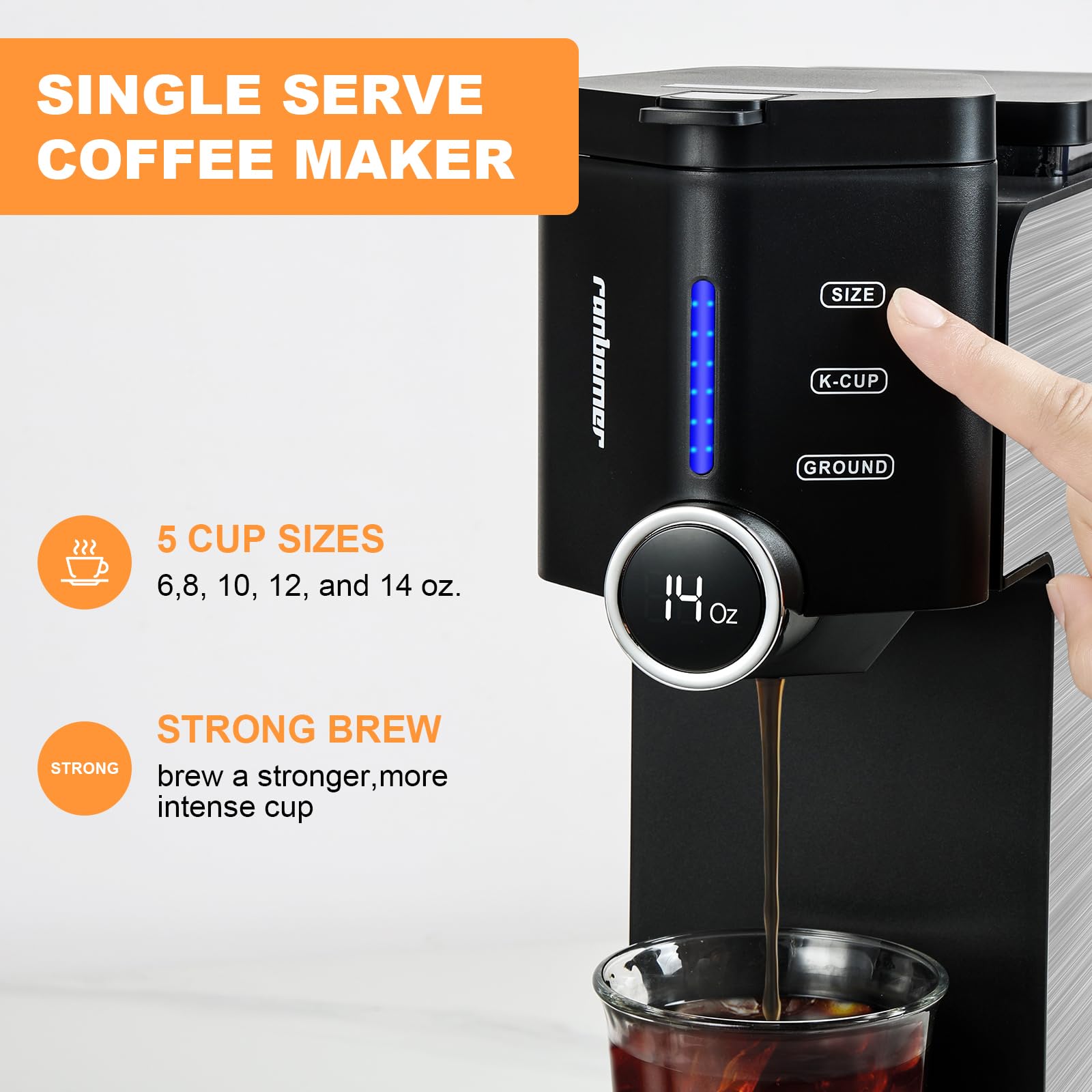Ranbomer K Cup Pod Coffee Maker,One Cup Coffee Machine Brew 6-14 oz Ground Coffee Maker,Compact Design 48-oz,Single Serve,2 in 1, Black..