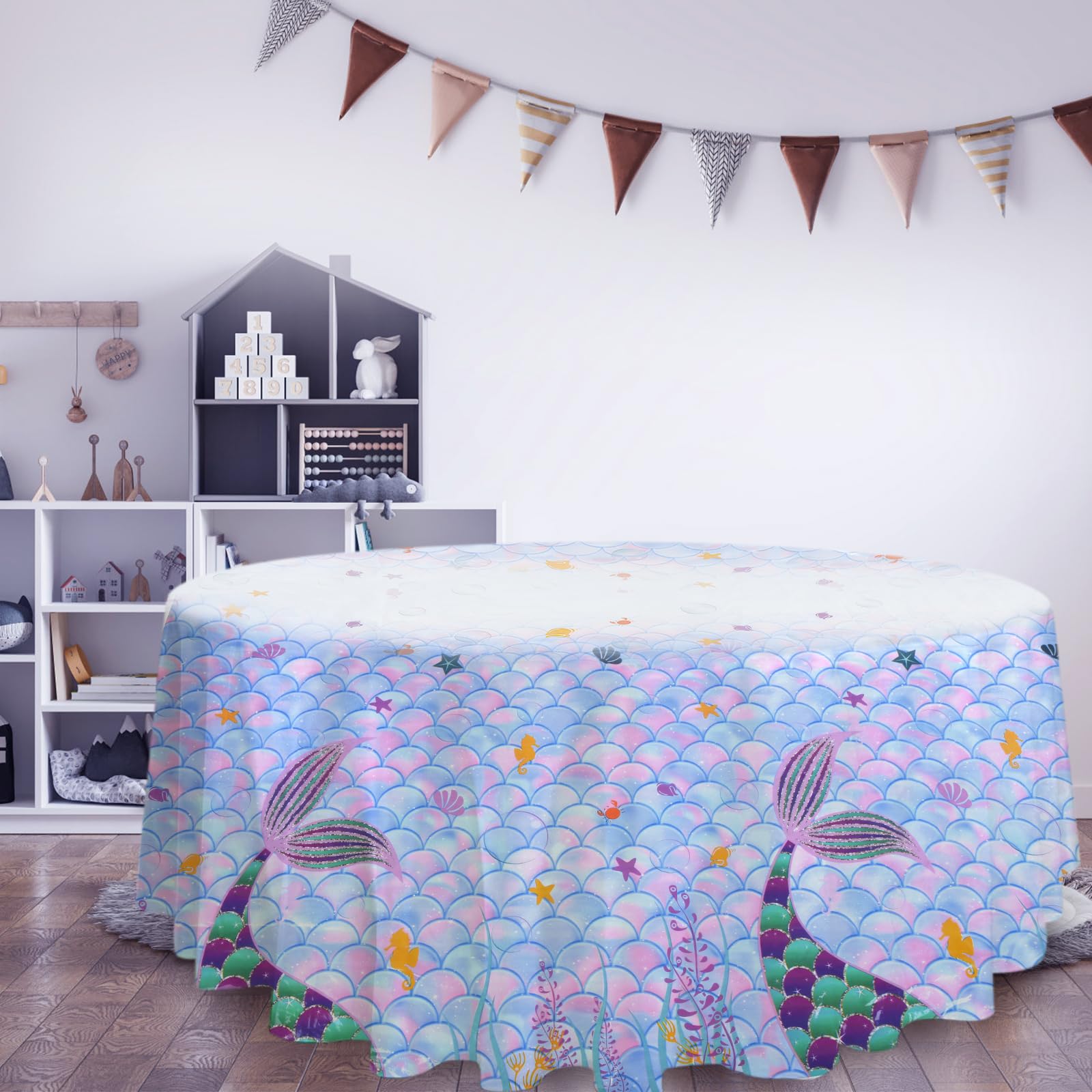 YiePhiot 3 Pcs Baby Shower Tablecloth,Baby Shower Round Tablecloth,Mermaid Party Decoration Table Covers,Plastic Table Cover for Baby Shower Party Compatible for a 70inch Round Table