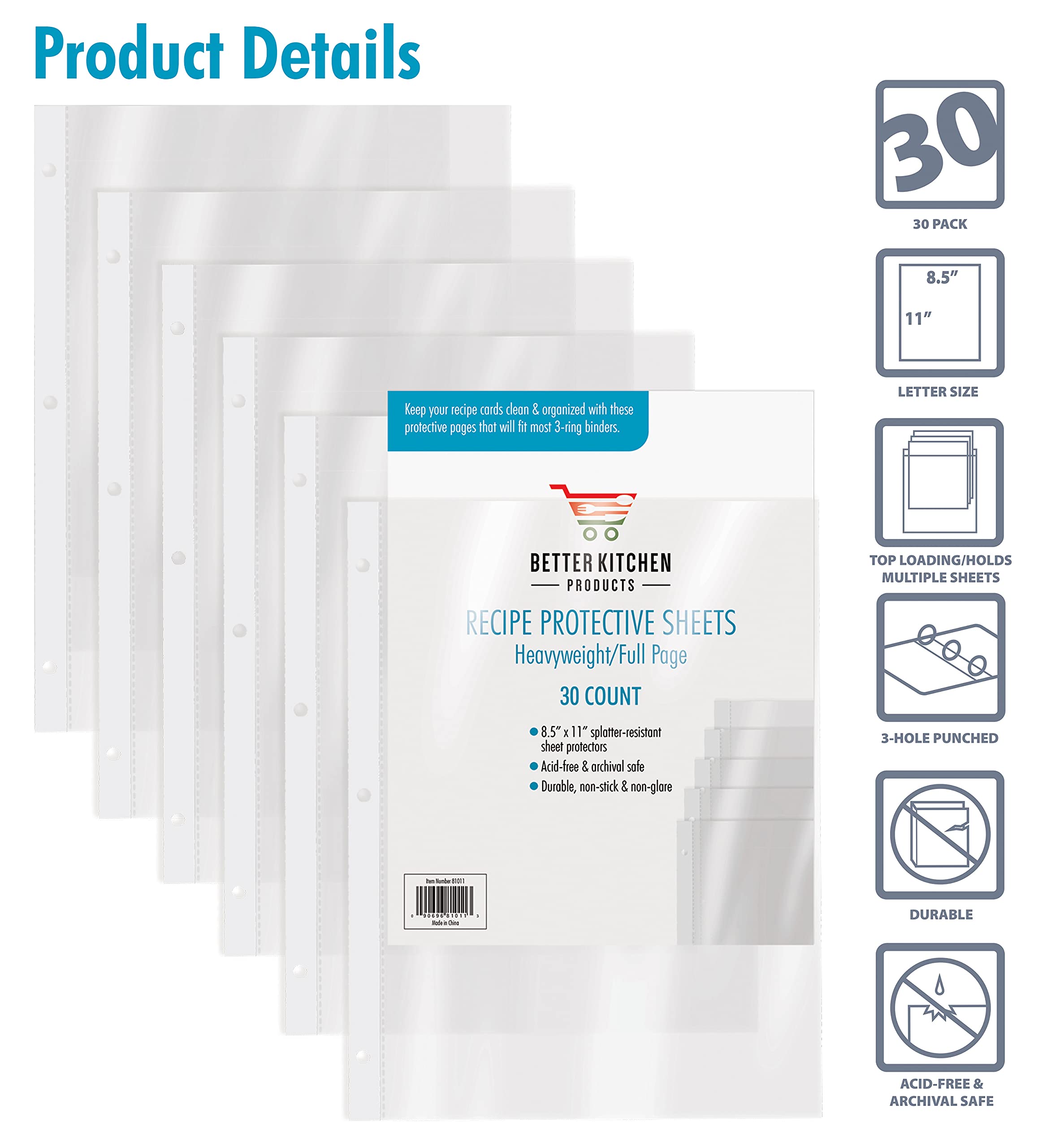 Recipe Sheet Protectors Full Page, 8.5 x 11 inch, 30 Pack, Heavyweight, Top Load, by Better Kitchen Products, Page Protector Binder Sheets, 3-Hole Punched, for Recipe Binders, 30 Pack