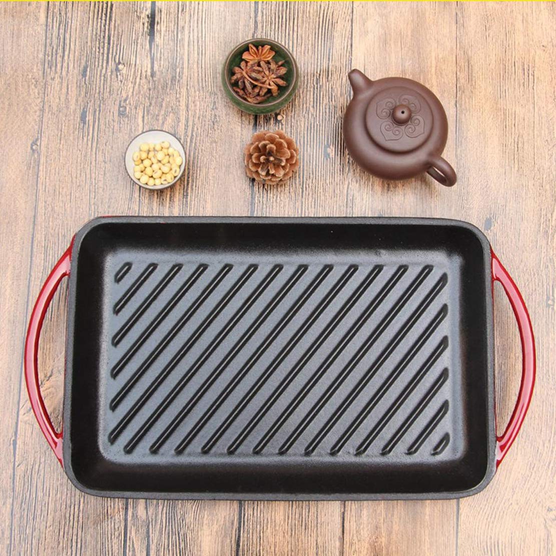 LI-GELISI Enameled Pre-Seasoned Cast Iron Double Handle Rectangle Grill Pan 15.8 inch, Red