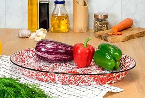Red Co. Oven Safe Enamelware Metal Classic 16.5” Serving Oval Tray Platter, Red Marble/Black Rim – Splatter Design