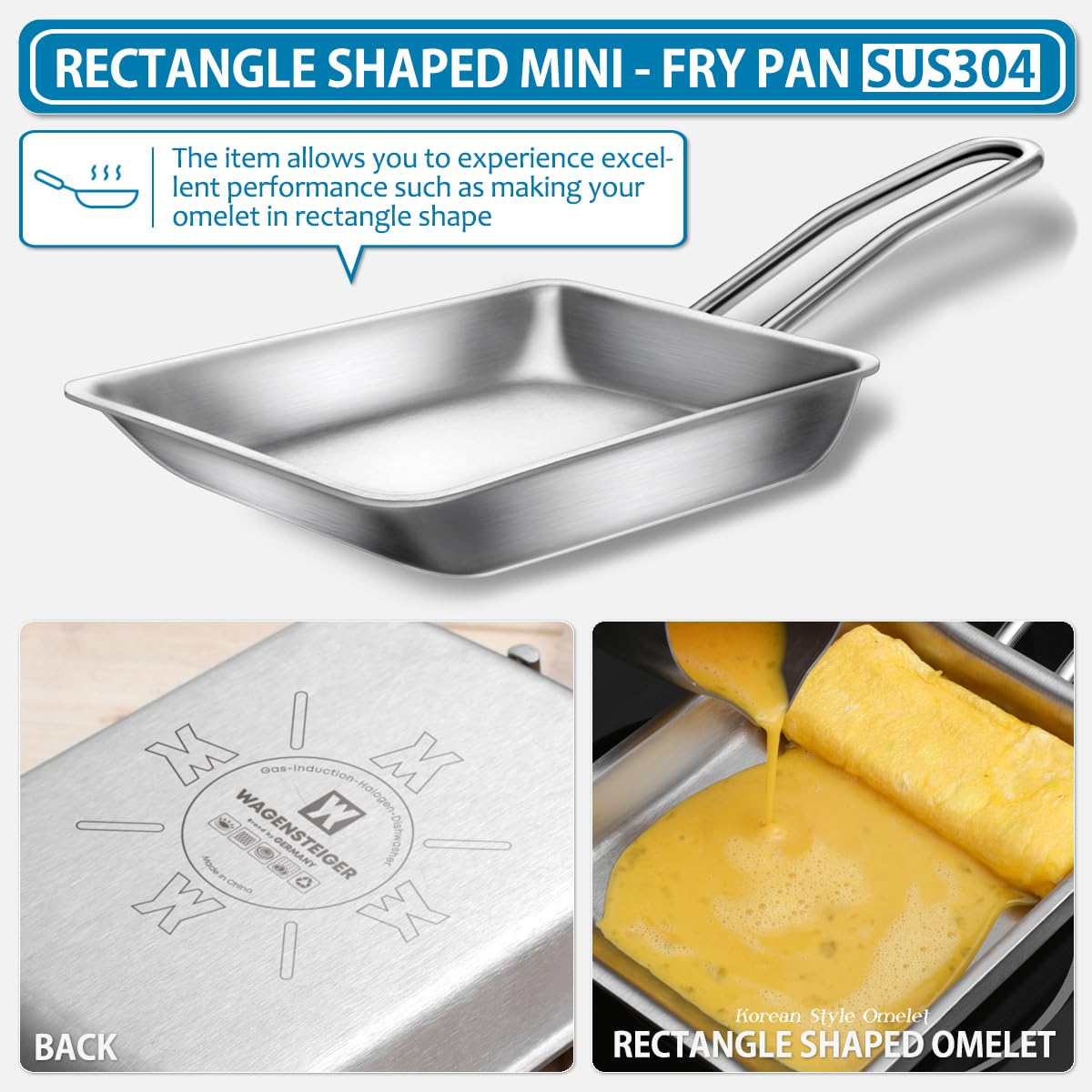 WAGENSTEIGER Stainless Steel Fry Pan, 3-Ply Reinforced Body, Rectangular Omelet Pan, Oven & Dishwasher Safe, Induction Compatible, Portable Camping Cookware, Mini or Small Size (14.2Lx5.5WX1.3H inch)