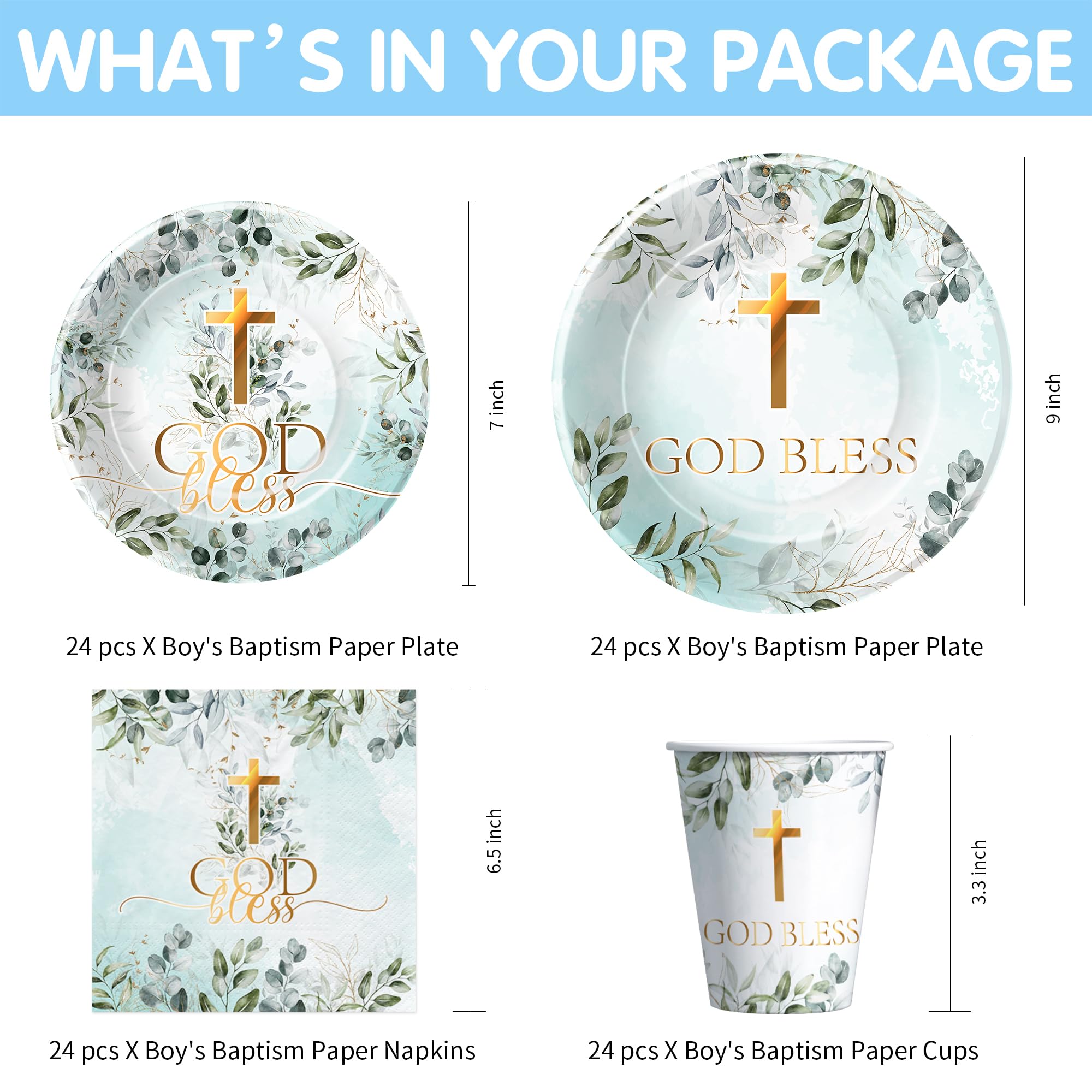 Suhelkit First Communion Decorations Tableware Boy - God Bless Baptism Plate, Cup, Napkin, Tablecloth, Cutlery, Mi Bautizo Eucalyptus Leaves Sage For Christening Baby Shower Religious Party | Serve 24