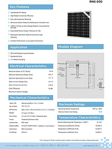 Renogy KIT-BUNDLE50D 12 Volt Monocrystalline Solar, Bundle 50W Kit, Bundle Kit with 10A PWM LCD Charge Controller