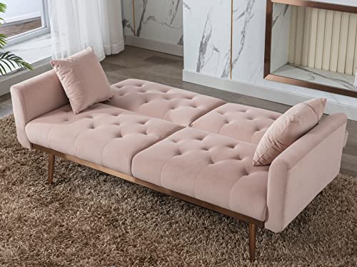 Velvet Futon Sofa Bed,Convertible Sofa Bed with Adjustable Backrest, Modern LoveSeat Sofa Couch for Living Room,Bedroom,Office(Pink)