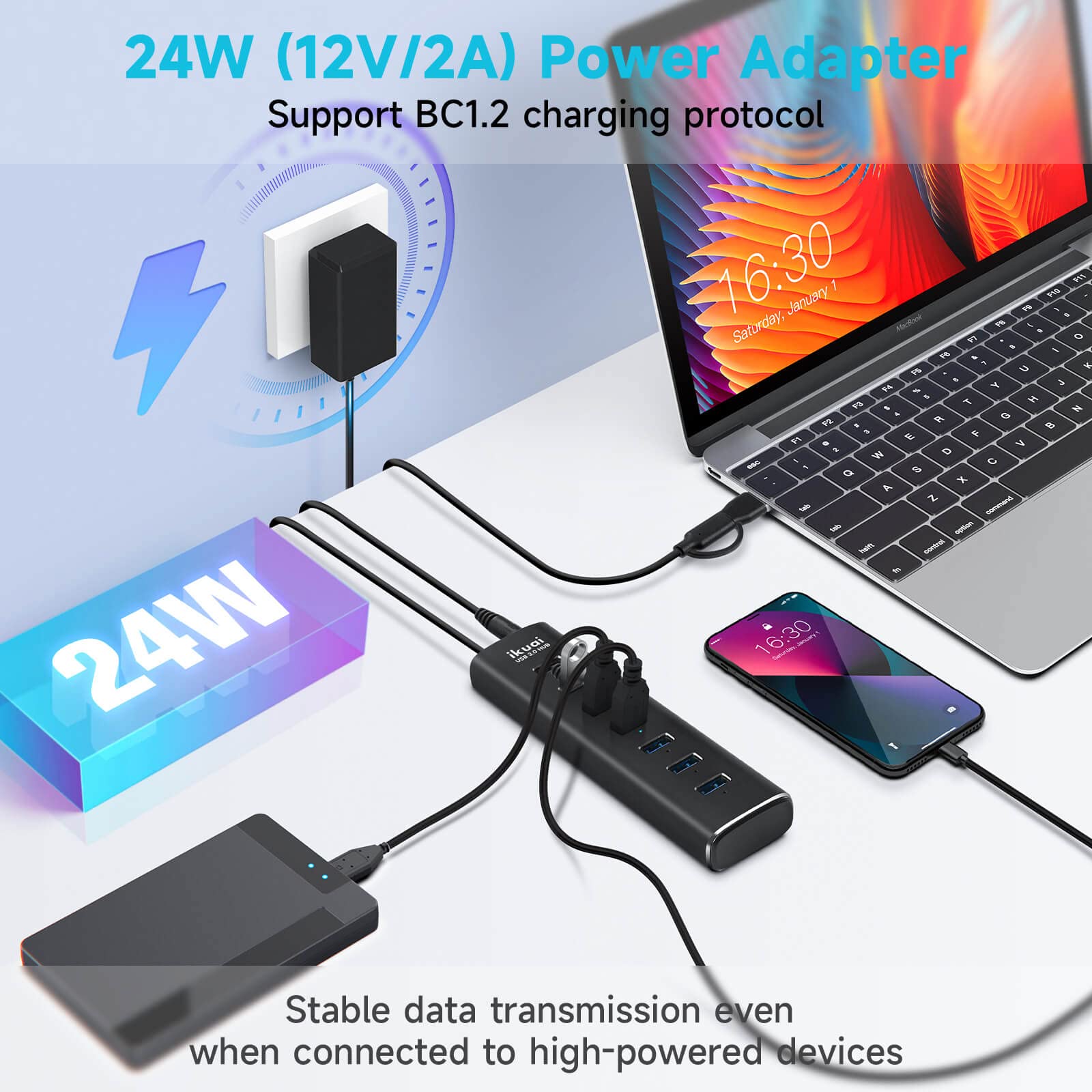 Powered USB Hub, ikuai 4-Port USB 3.1/3.2 Gen 2 Data Port Hub, SuperSpeed USB 10Gbps, Aluminum USB Splitter with 3.3 ft Long Cable, 5V Power Adapter and Individual On/Off Switches