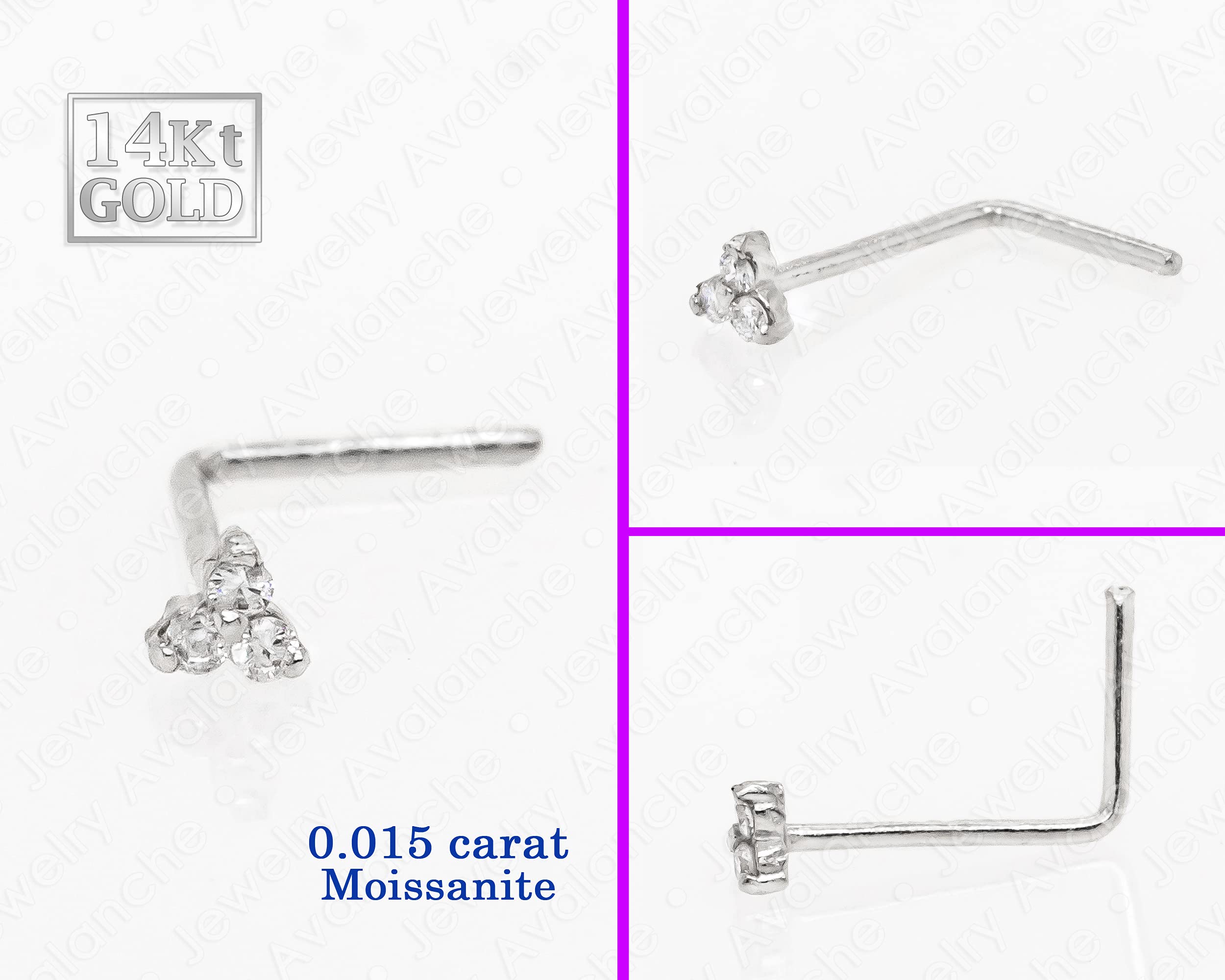 Jewelry Avalanche 3-Stone 0.015ctw Moissanite Nose Stud - 22G Solid 14Kt White Gold L-Shape Stud Nose Ring - April Birthstone Nose Stud LSWG310-MNT
