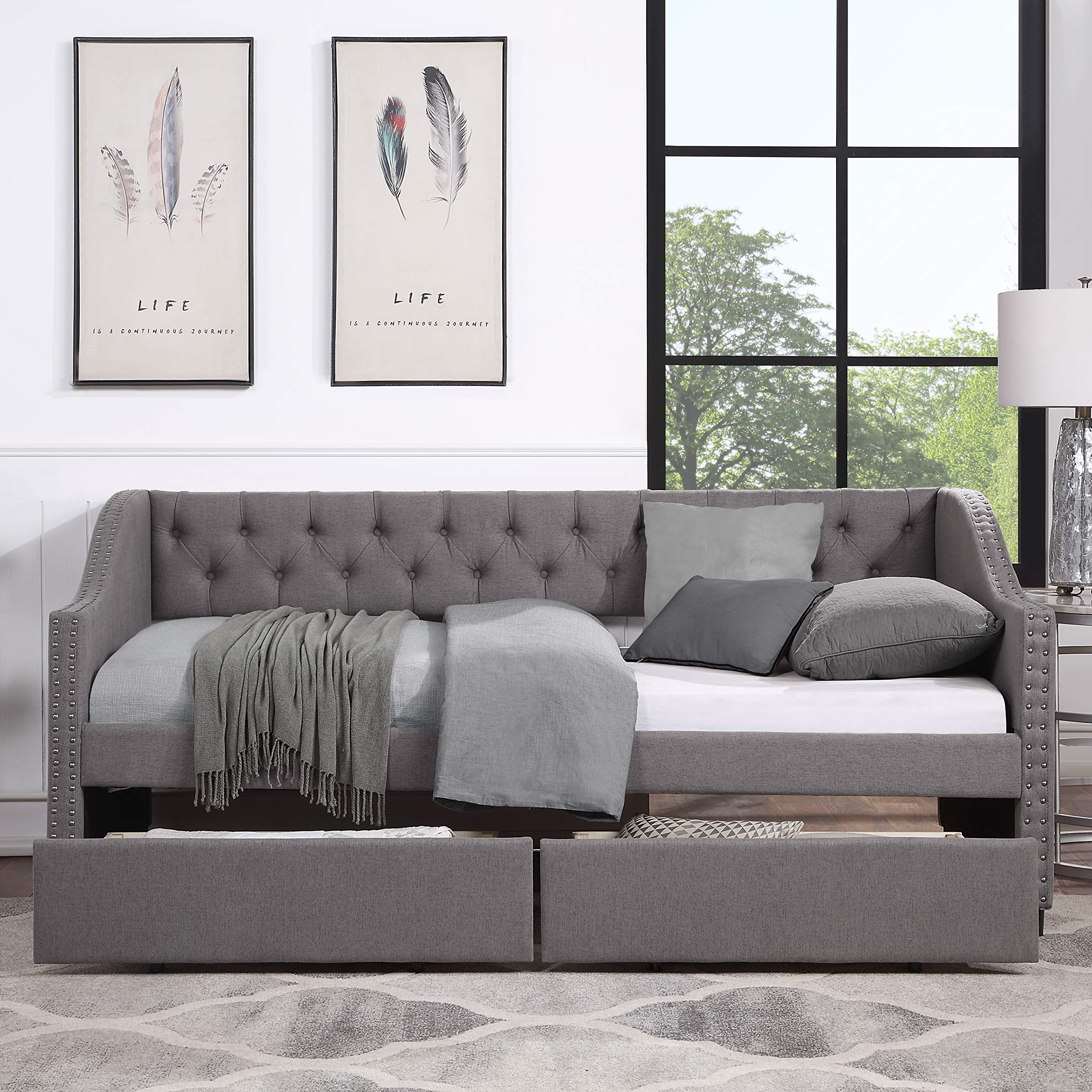 Wakefit Twin Size Upholstered Daybed with Storage Drawers, Solid Wood Sofábed Bed Frame with Linen Fabric & Wood Slat Support for Bedroom, Living Room, Office, No Box Spring Needed, Grey