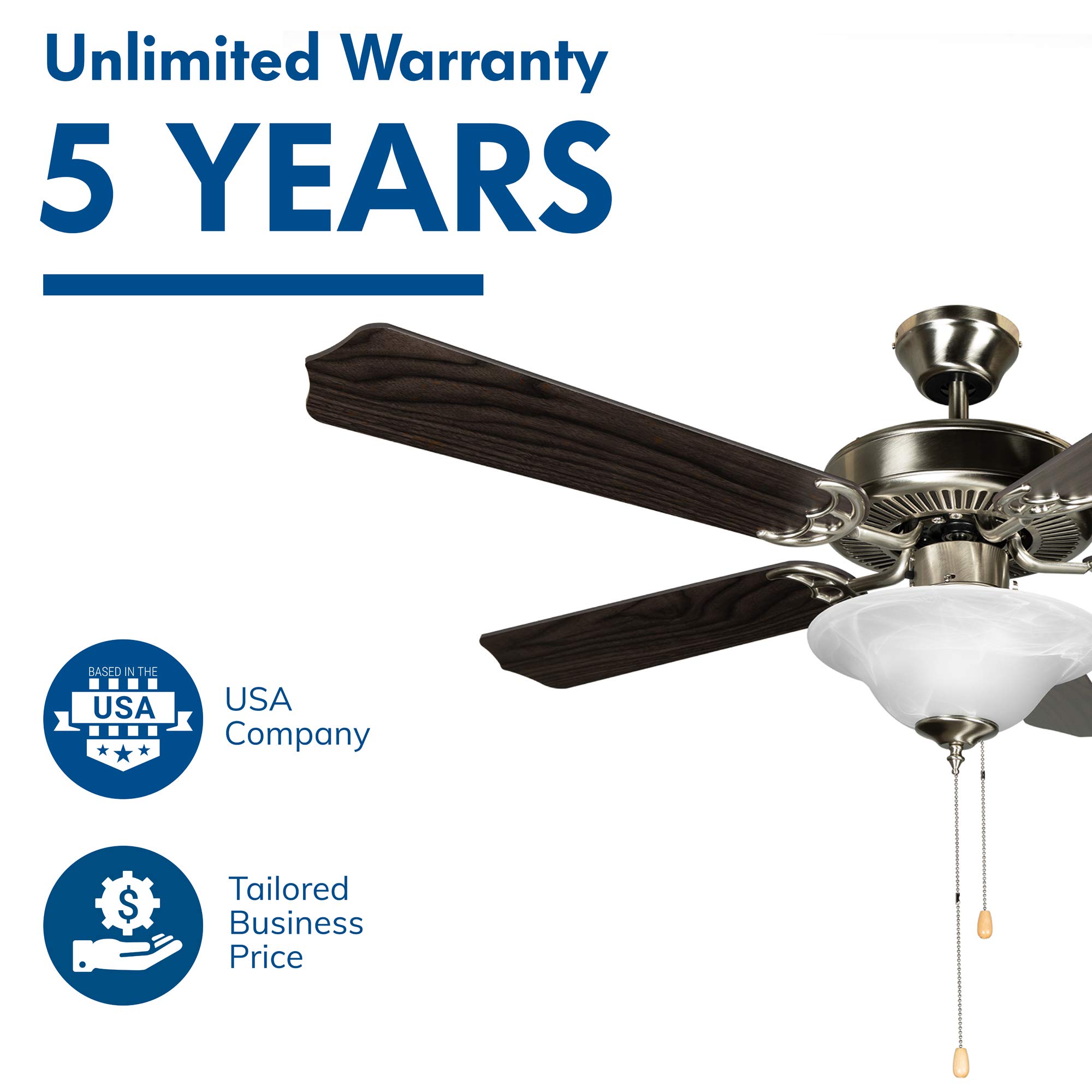 Hyperikon 52 Inch Ceiling Fan, 60W, Remote Control and Pull Chain, Brushed Nickel Body, 5 Blades, Frosted Dome Light, Walnut