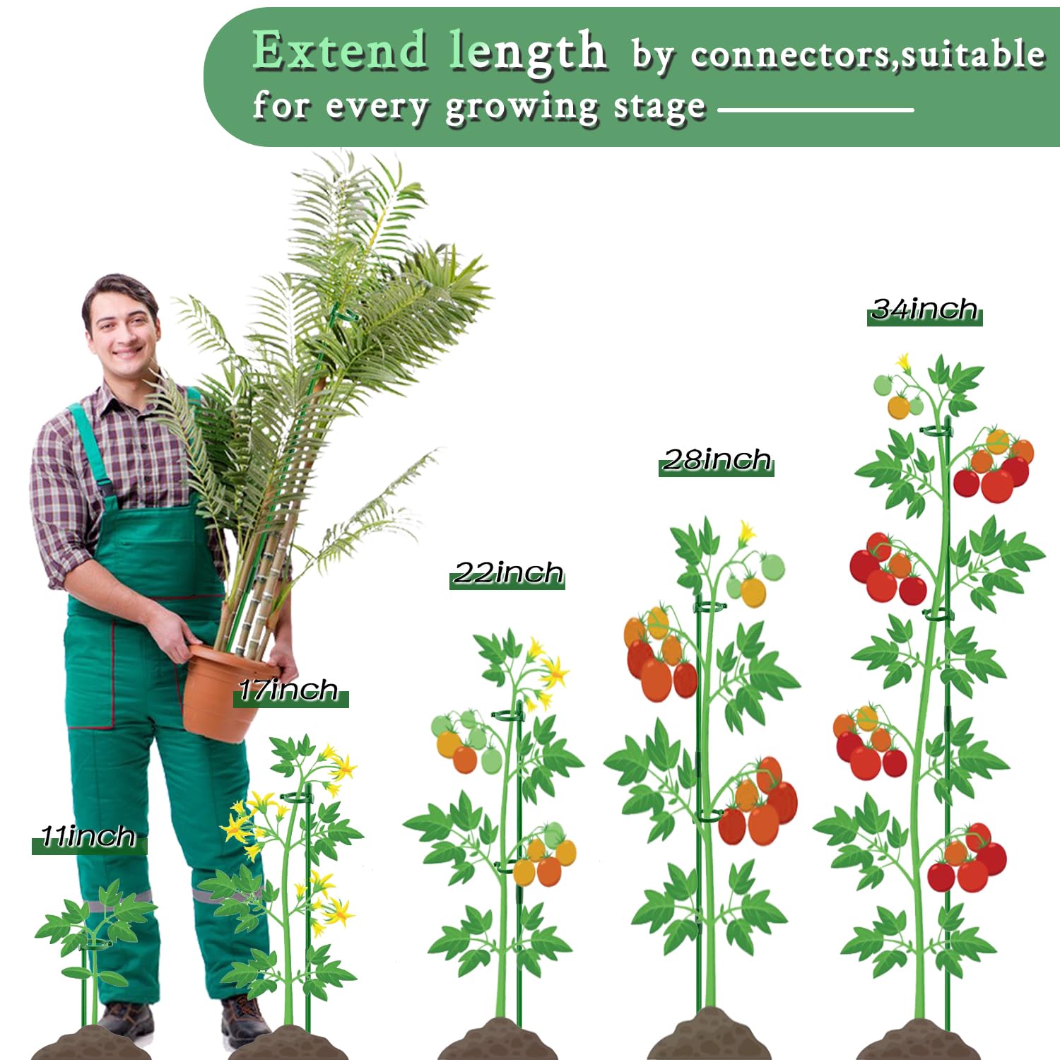 Plant Stakes 17inch &11inch,SupKing Adjustable Length Plant Support Stake 16Pcs Orchid Stick with Clips for Indoor Outdoor,Garden Pole for Potted Tomato Rose Amaryllis Vegetables Comes with 20 Ties