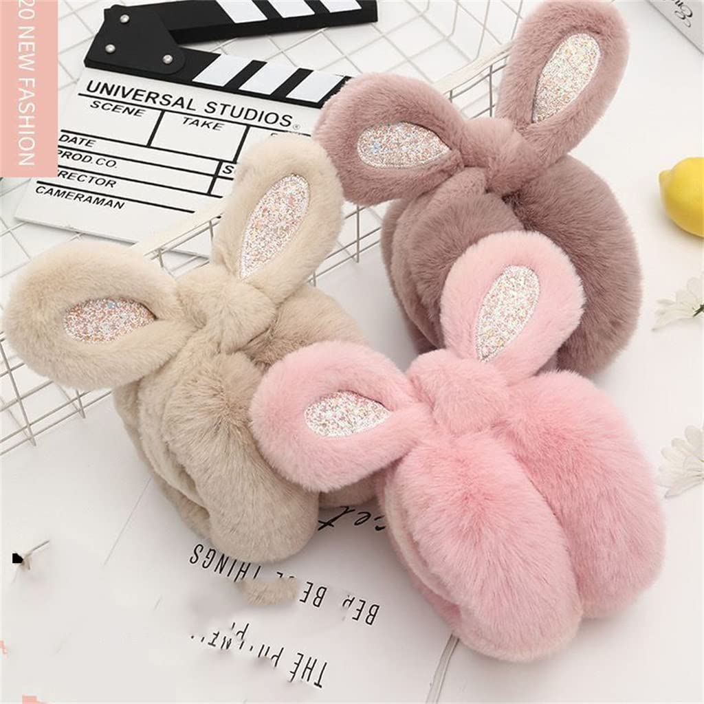 MMLLZEL Khaki Winter Earmuffs for Women Cute Rabbit Ears Warm Earflaps Thicken Furry Fold Ear Muffs Ear Cover Protector Solid Letter Ear Muffs