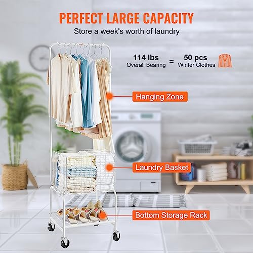 VEVOR Metal Rolling Laundry Basket with Hanging Garment Rack, Laundry Hamper Cart Adjustable Height with Basket Load and Shelf Load, Storage Organizer with Heavy Duty Lockable Wheels