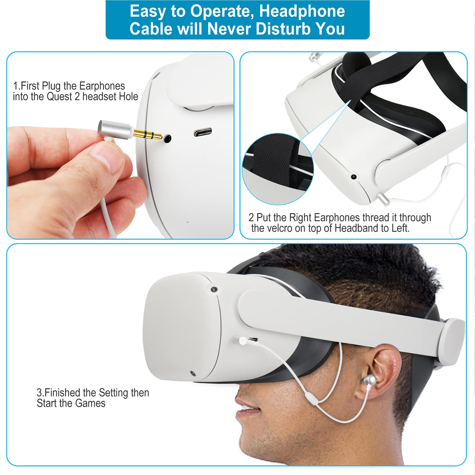 KIXAR VR Earbuds Compatible with Oculus Quest 2 Noise Isolating Wired Headphones Costomized Made for Oculus Quest 2 VR Headset Noise Cancelling in Ear Earphones with 360° Sound and 5 Pairs Ear Caps