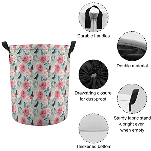 Roses and Butterfly Laundry Basket Round Collapsible Storage Bin with Drawstring and Handle for Bedroom Bathroom Toys Room 17.3" X 13.8"