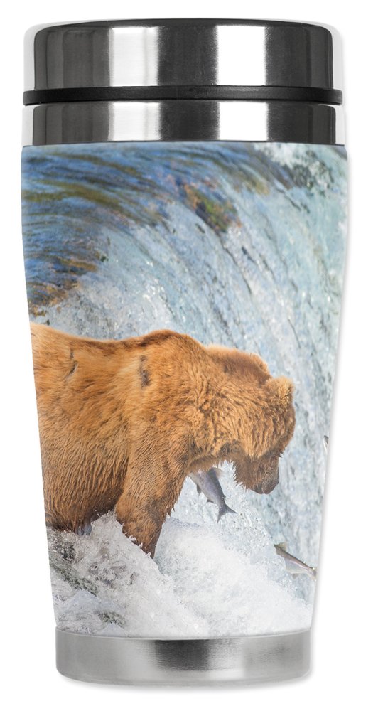 Mugzie 16 Ounce Stainless Steel Travel Mug with Wetsuit Cover - Bear Fishing