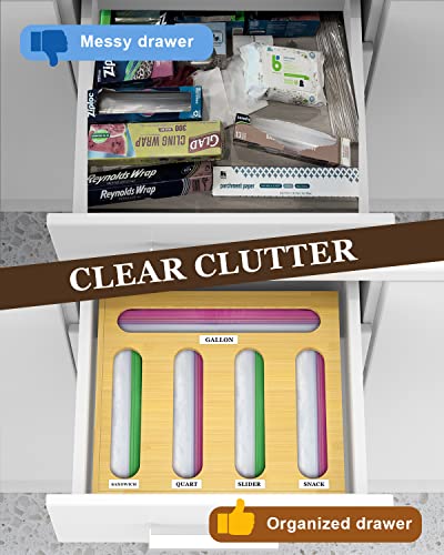 VenDotbi Bag Storage Organizer, Bamboo baggie organizer with Slider, Suitable for Kitchens and Countertop to Storage Gallon, Quart, Sandwich & Snack Bags and other Size Bag Organizer-Natural
