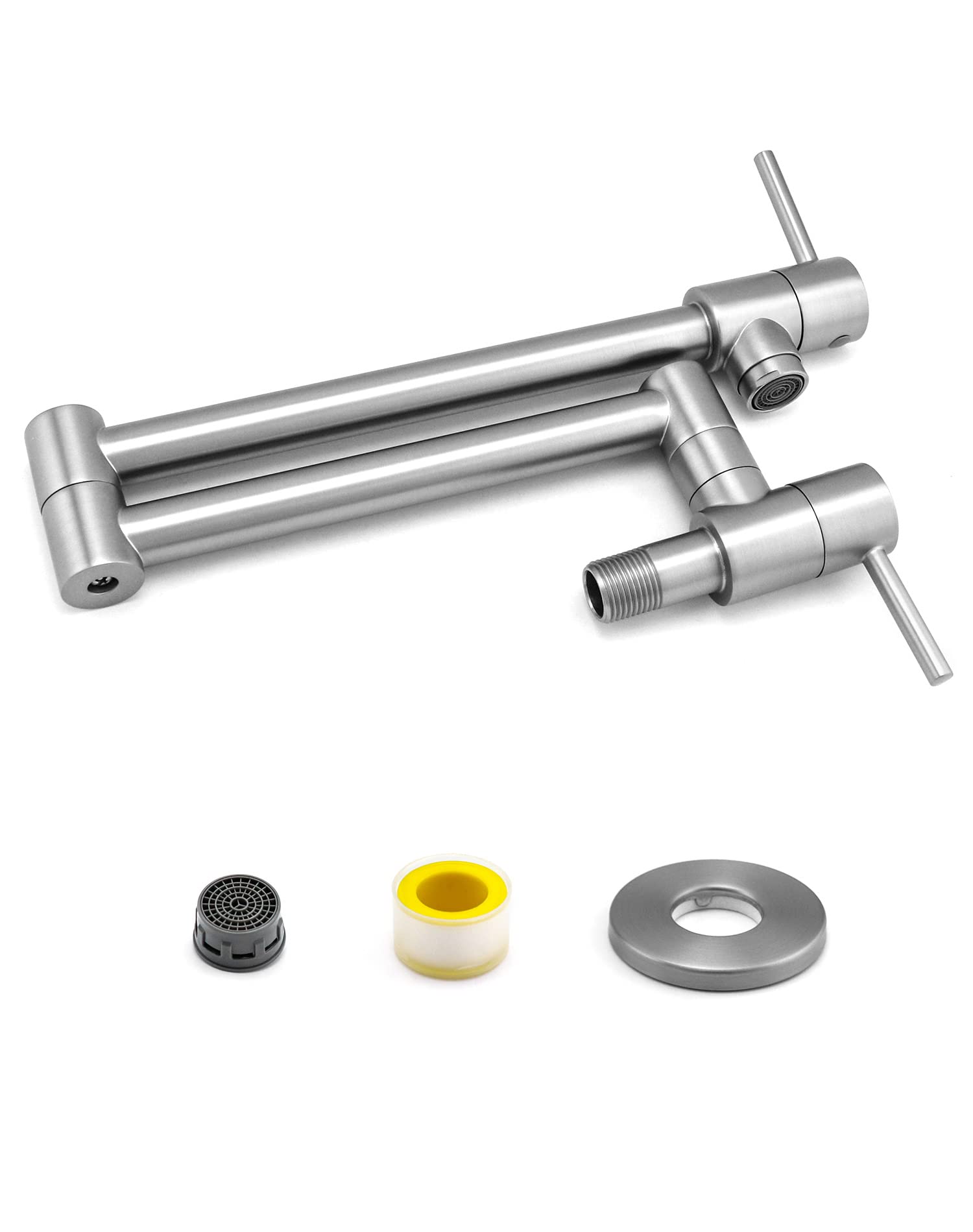 QWORK Stainless Steel Wall Mount Pot Filler Faucet - 1/2"-14 NPT Thread, Commercial Kitchen Sink Faucet with Foldable Stretchable Double Handles and Single Hole Configuration