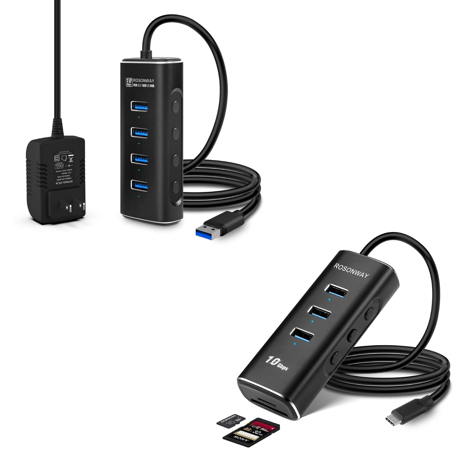 ROSONWAY 4 Ports USB 3.1 Gen 2 Hub 10Gbps with 5V Power Adapter + 5 in 1 USB C Hub with 3 10Gbps USB 3.2 Data Ports, SD/TF Card Reader