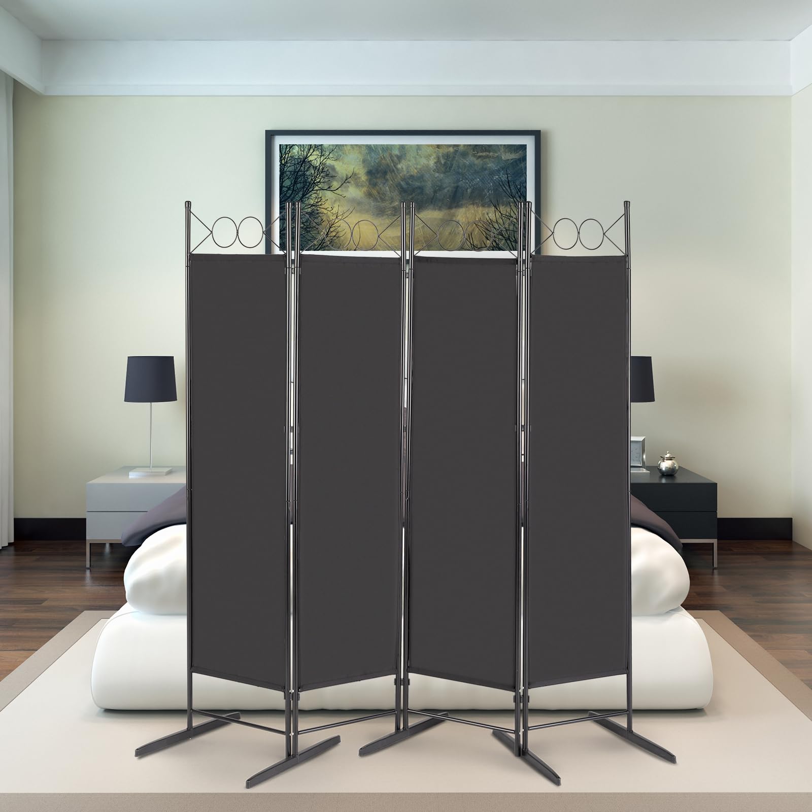 Indoor Room Divider,5.74 Ft Folding Privacy Screens with 17" Support Feet for Bedroom,Dining Room Office (4 Panel, Black)