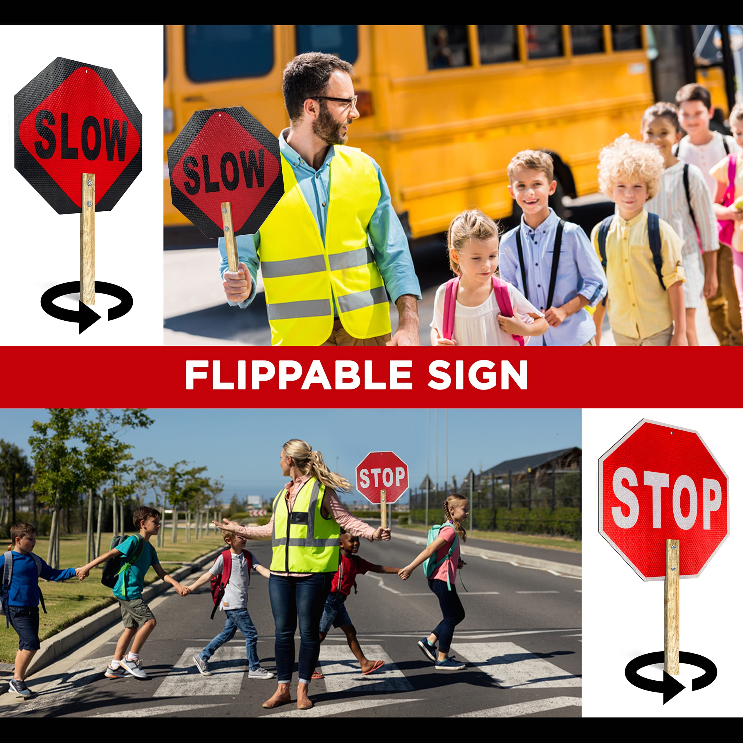 OLANZU Handheld Stop Slow Sign with Wooden Handle - 12" x 12" Double sided Crossing Guard Stop Sign - Honeycomb Reflective Road Sign,Aluminum Sign - Easy to Install