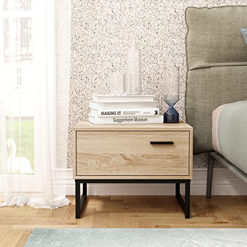 RAAMZO Wood Accent Table with Steel Frame, 1 Drawer Nightstand Side Table for Bedroom, Weathered Oak Finish