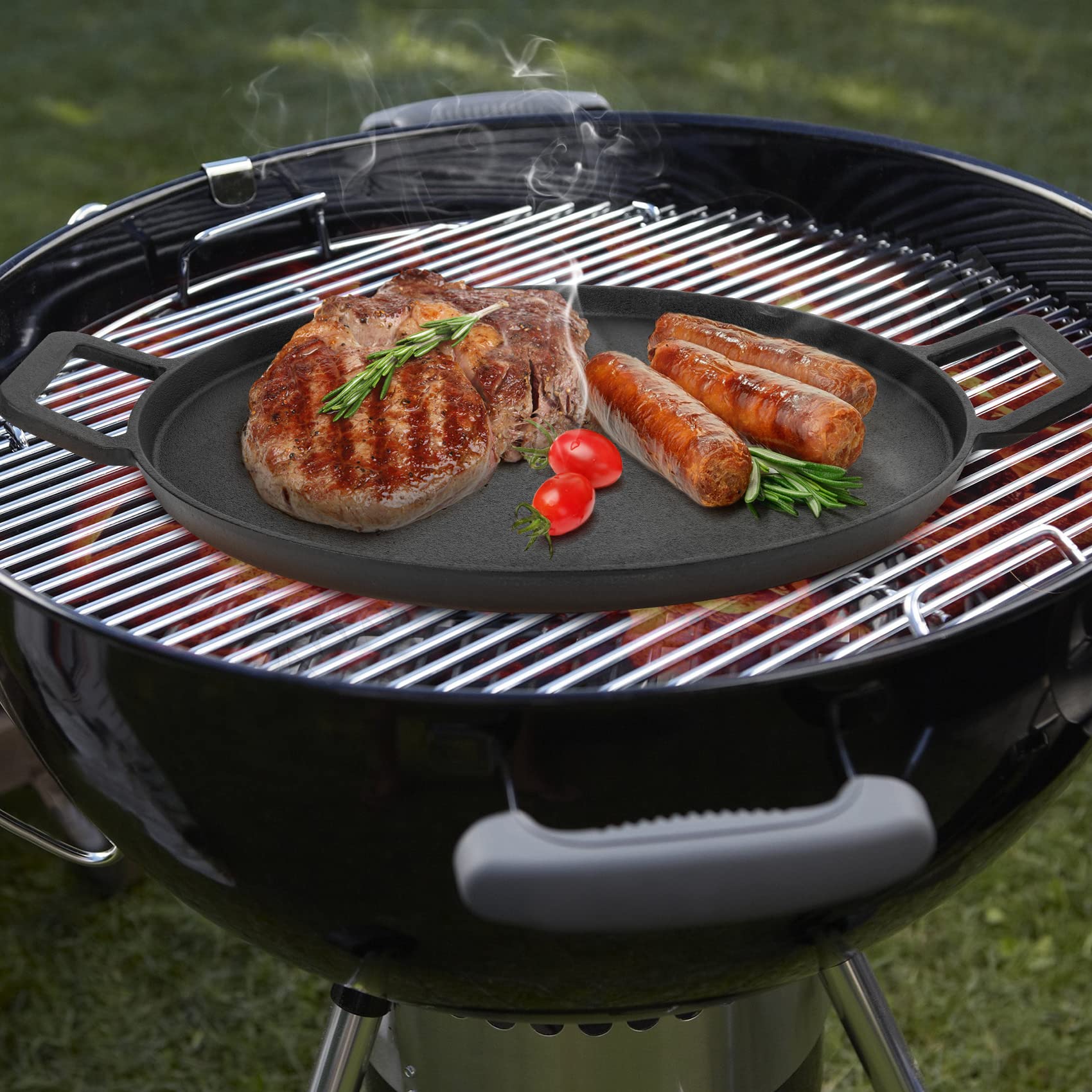 Onlyfire Cast Iron Pizza Pan, 14 Inch Baking Pan with Handles, Pre-Seasoned Skillet Round Griddle Pan for Grill BBQ, Baking Stove and Oven