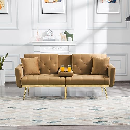 Verfur Button Tufted Convertible Futon Sofa Bed,Modern Velvet Upholstery Sleeper Couch Daybed with 2 Cup Holders and Square Armrests for Small Places Sofabed, Brown 72.4"