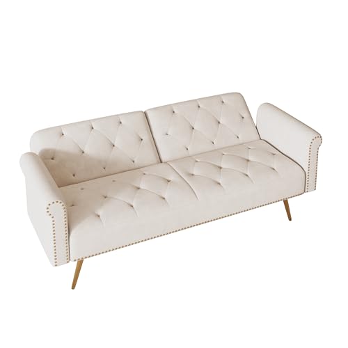 Upholstered Tufted Futon Sofa Bed Modern Split Adjustable Backrest Loveseat Convertible Sleeper Sofabed with Nailhead Decor for Home Office Apartment Living Room/Studio Compact Space