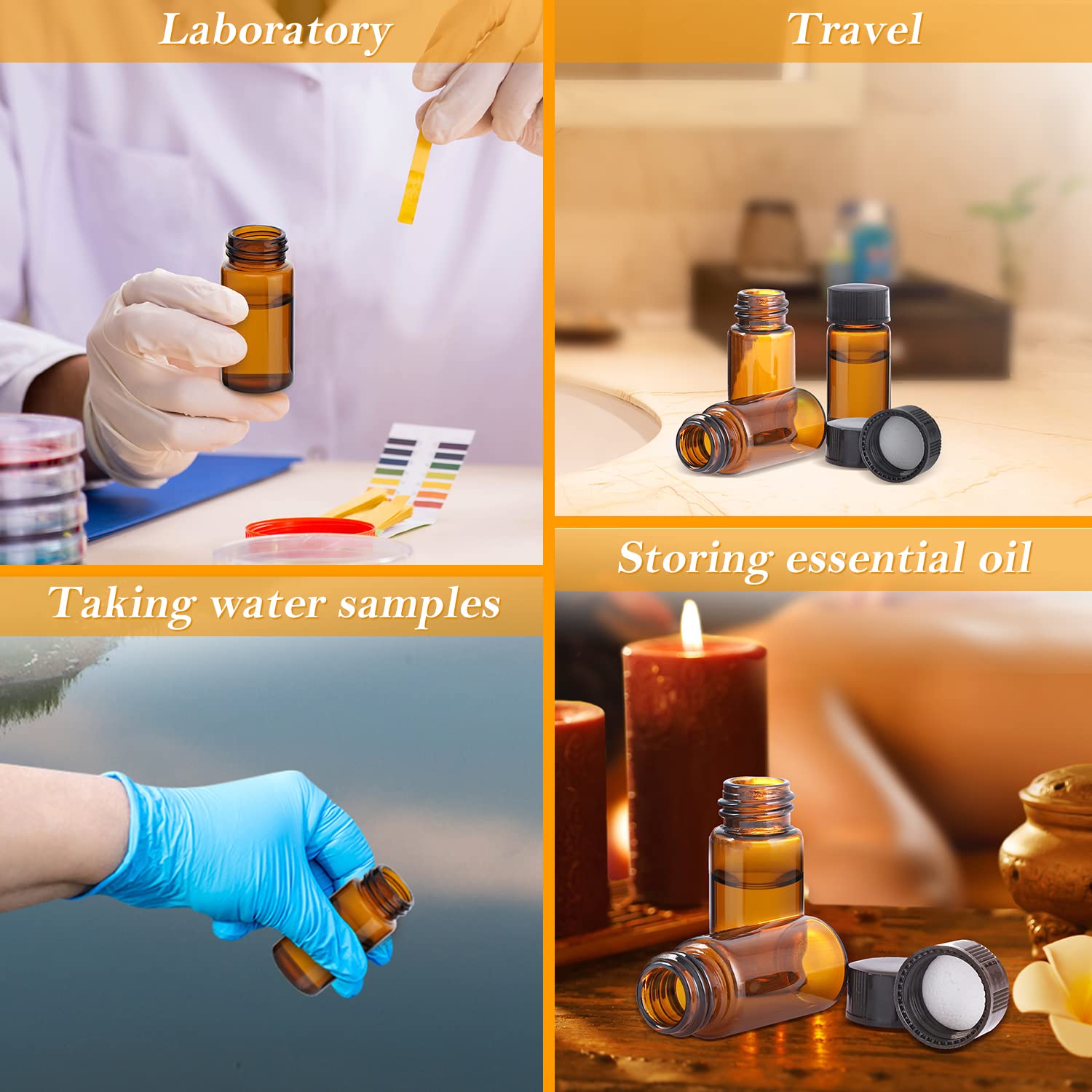 PRECIPETTE 5ml Sample Vials, Pack of 100 Amber Glass Sample Bottles with Screw Cap, Funnel, Dropper, Lab Sample Vials for Laboratory, Taking Water Samples, Seeds, Essential Oil