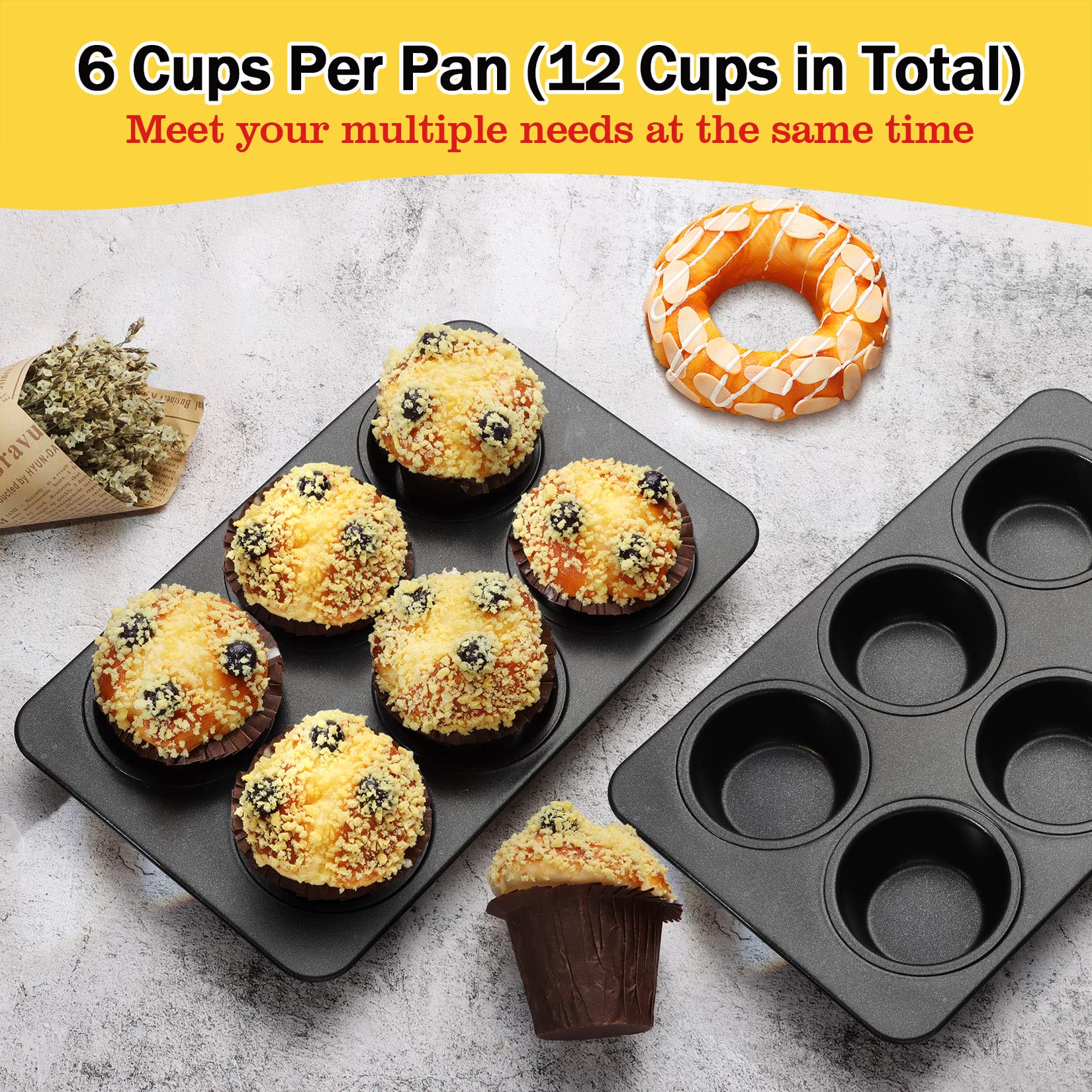 P&P CHEF 6-Cup Muffin Pan Tray Set of 2, Cupcake Pans, Nonstick Coated Stainless Steel Muffin Tin for Baking Mini Egg Cake Brownie Tart, Easy Release & Healthy, Standard Cup Size, Black