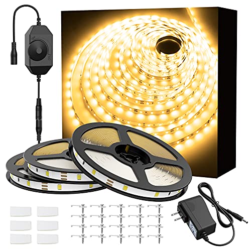 Onforu Warm White LED Strip Lights, 49.2ft 3000K White Dimmable Strip Lighting, 2835 LEDs Tape Light, 15m 12V Adhesive Rope Christmas Light, Flexible Ribbon Light for Kitchen Cabinet Bedroom Wardrobe