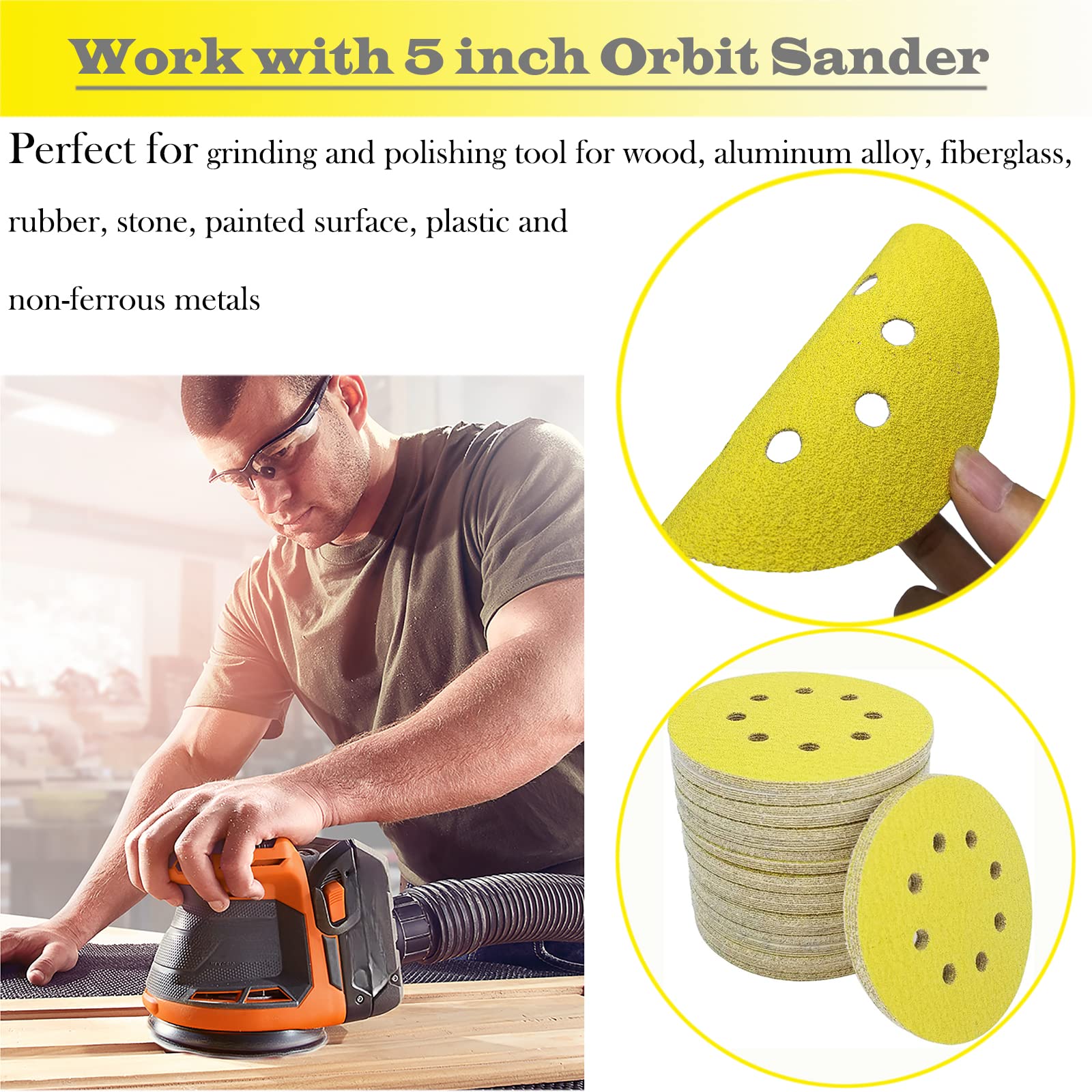 M-jump 100 Pack 5 Inch Sanding Discs, 80 Grit Hook and Loop Sandpaper for Woodworking or Automotive, 8 Hole Gold Premium Dustless Random Orbit Sandpaper