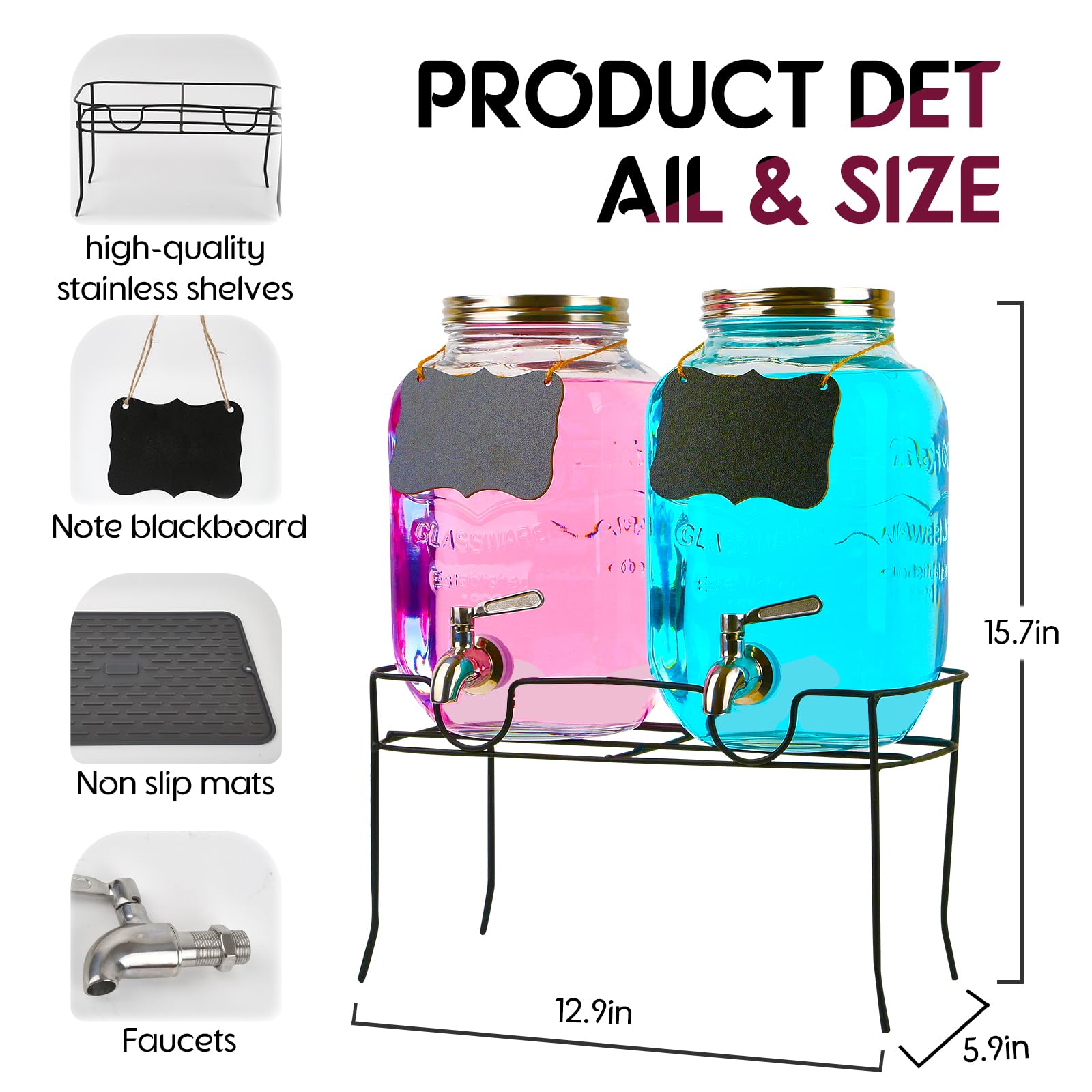 Liquid Laundry Detergent Dispenser - 1 Gallon Decorative Fabric Softener Laundry Soap Dispenser Glass Jar with Stainless Steel Stand, Non Slip Pad, Measuring Cup, Chalkboards