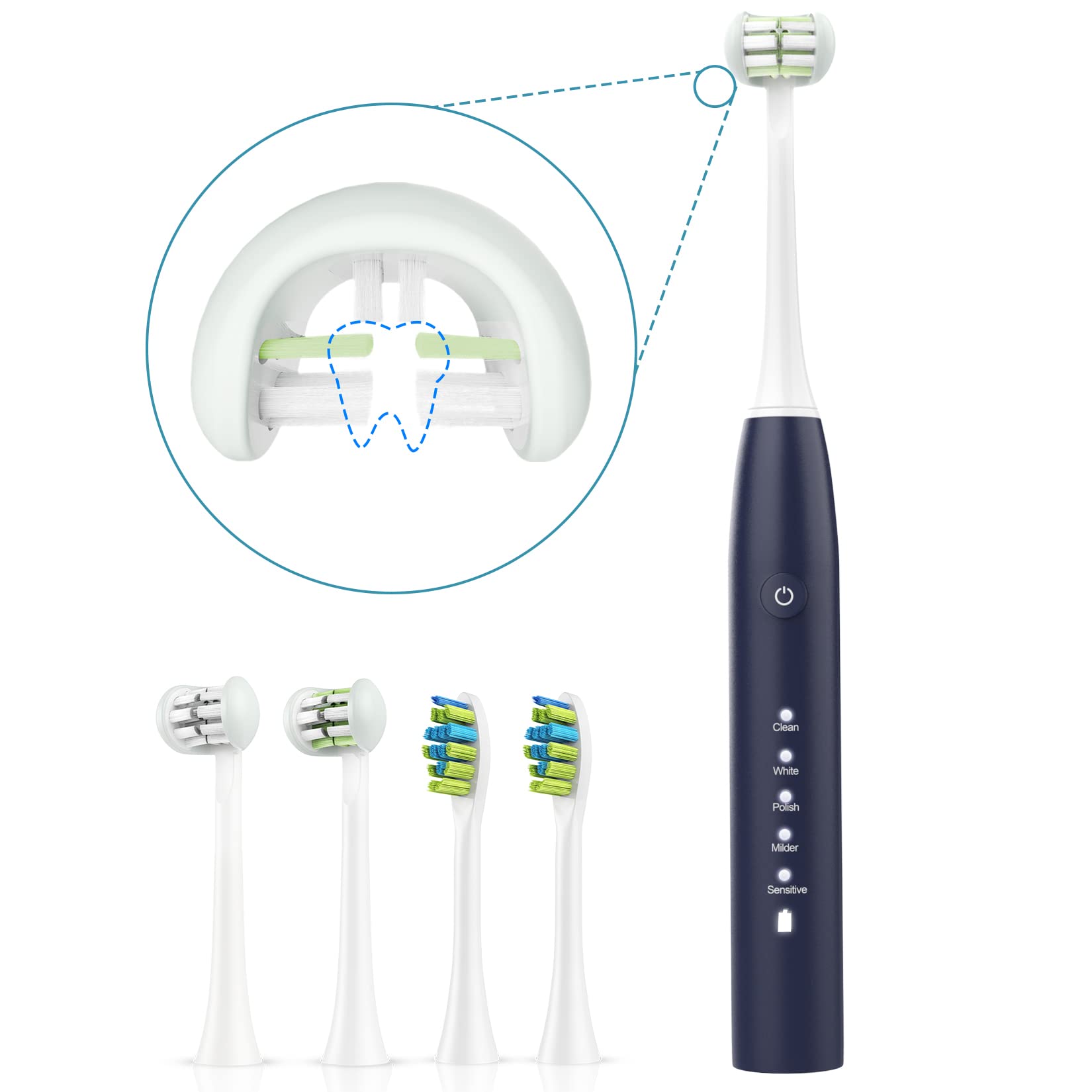 RAZOKO Sonic Electric Toothbrush for Adults 3 Sided Toothbrush with 4pcs Brush Heads Replacement,360° Cleaning,5 Modes,Timer Blue