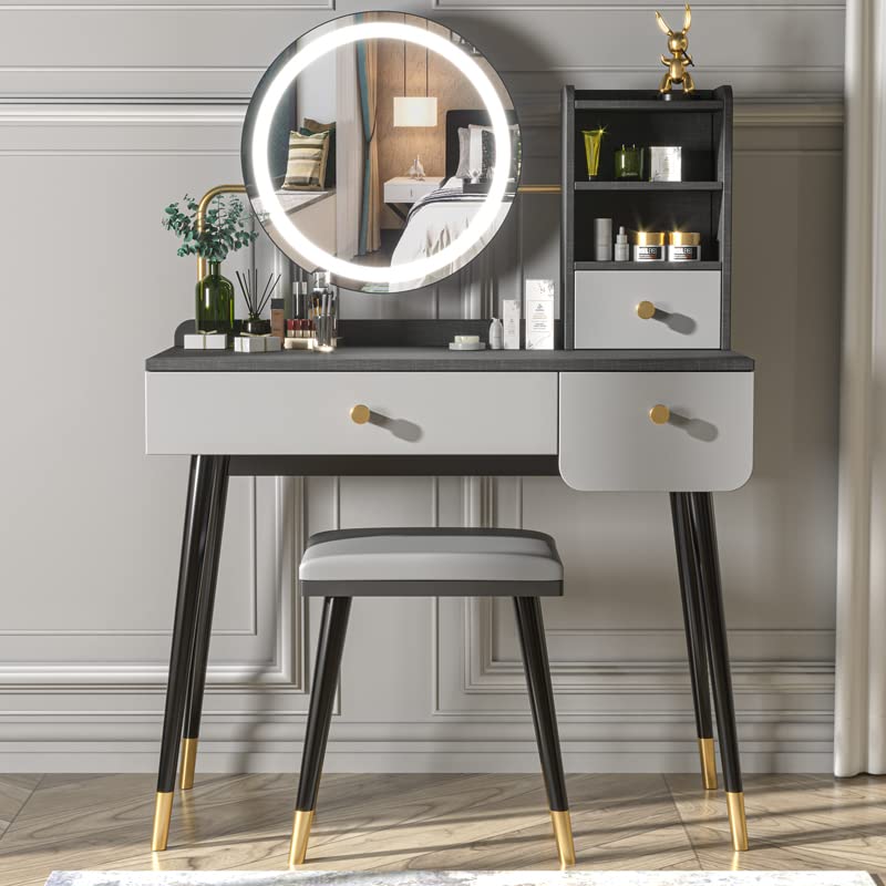 Redsun Vanity Table Set with 3 Color Touch Screen Dimming Mirror,Makeup Dressing Table with 3 Sliding Drawers and Cushioned Stool,Dresser Desk for Women/Girls (Silver Gray, 15.7Wx35.4L)…
