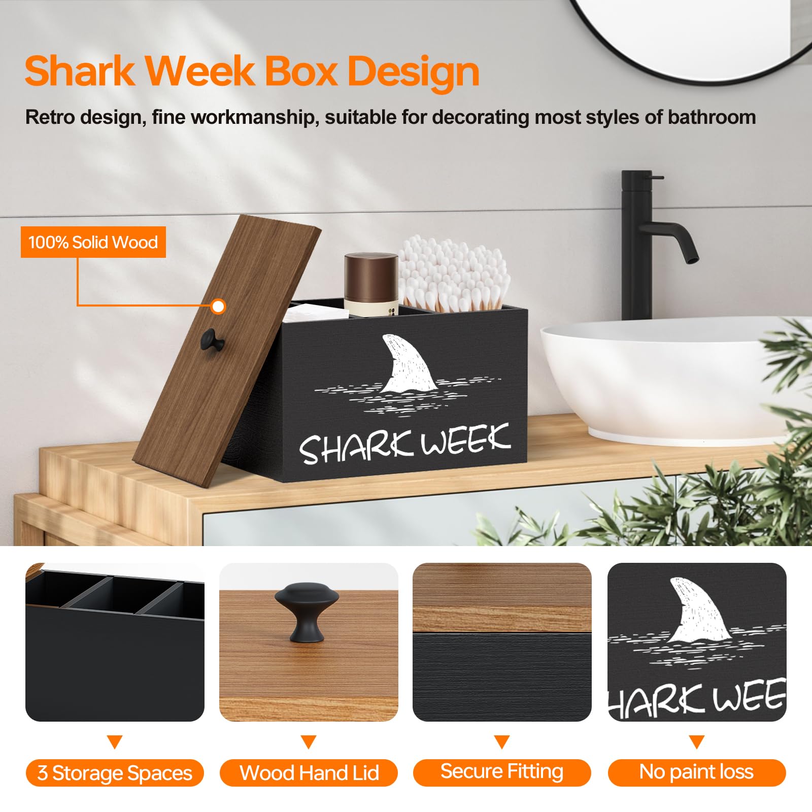 Tampon Holder For Bathroom, Tampon Storage Container,Feminine Product Organizer,Removable Organizer,Shark Week Wood Box With Lid, Tampon Organizer,Christmas Gifts for Mom and Female Friends (Black)